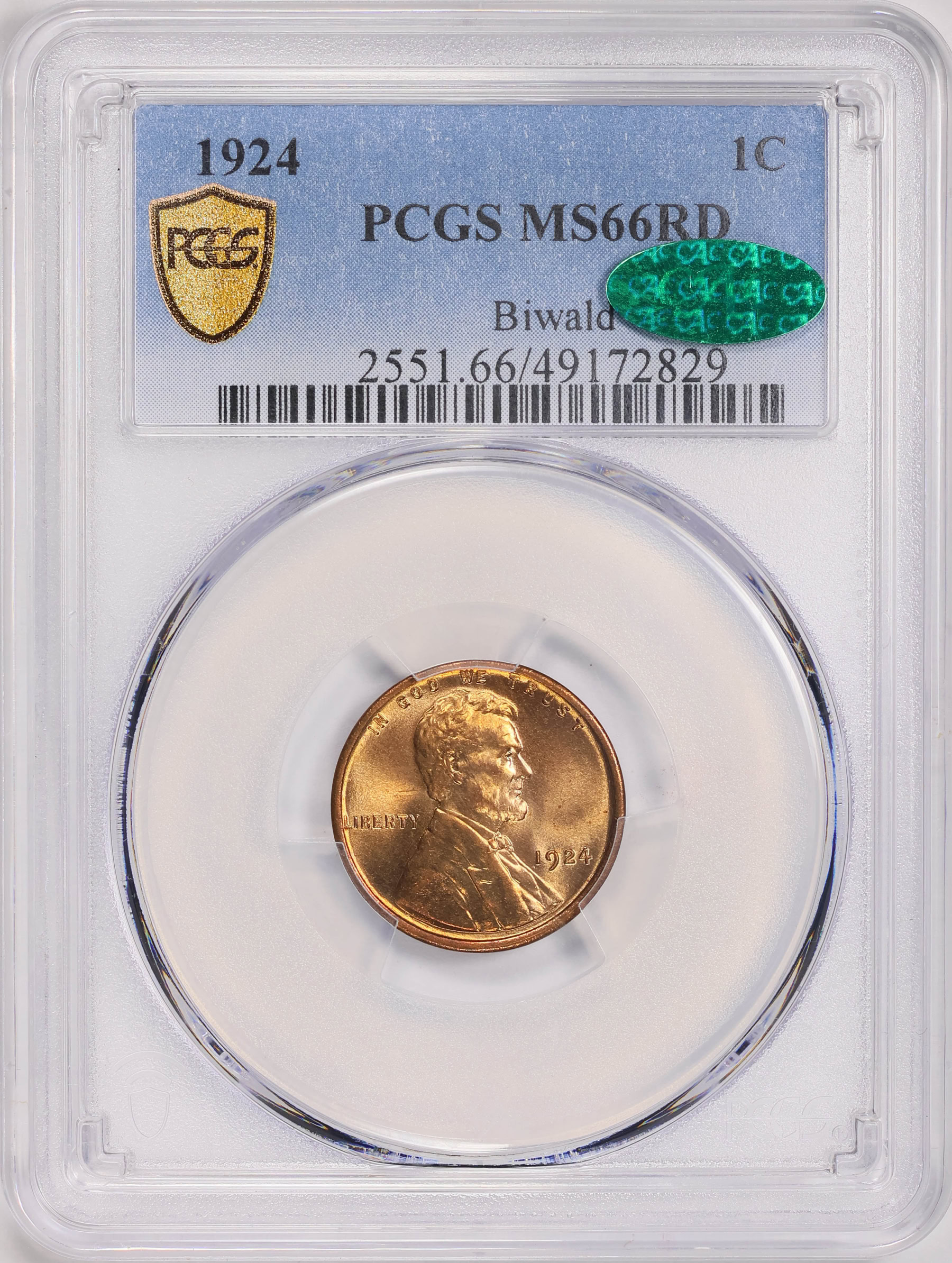 1924 Lincoln Cent PCGS MS-66 RD (CAC Green) (Biwald Collection) (Item 1787720 ...