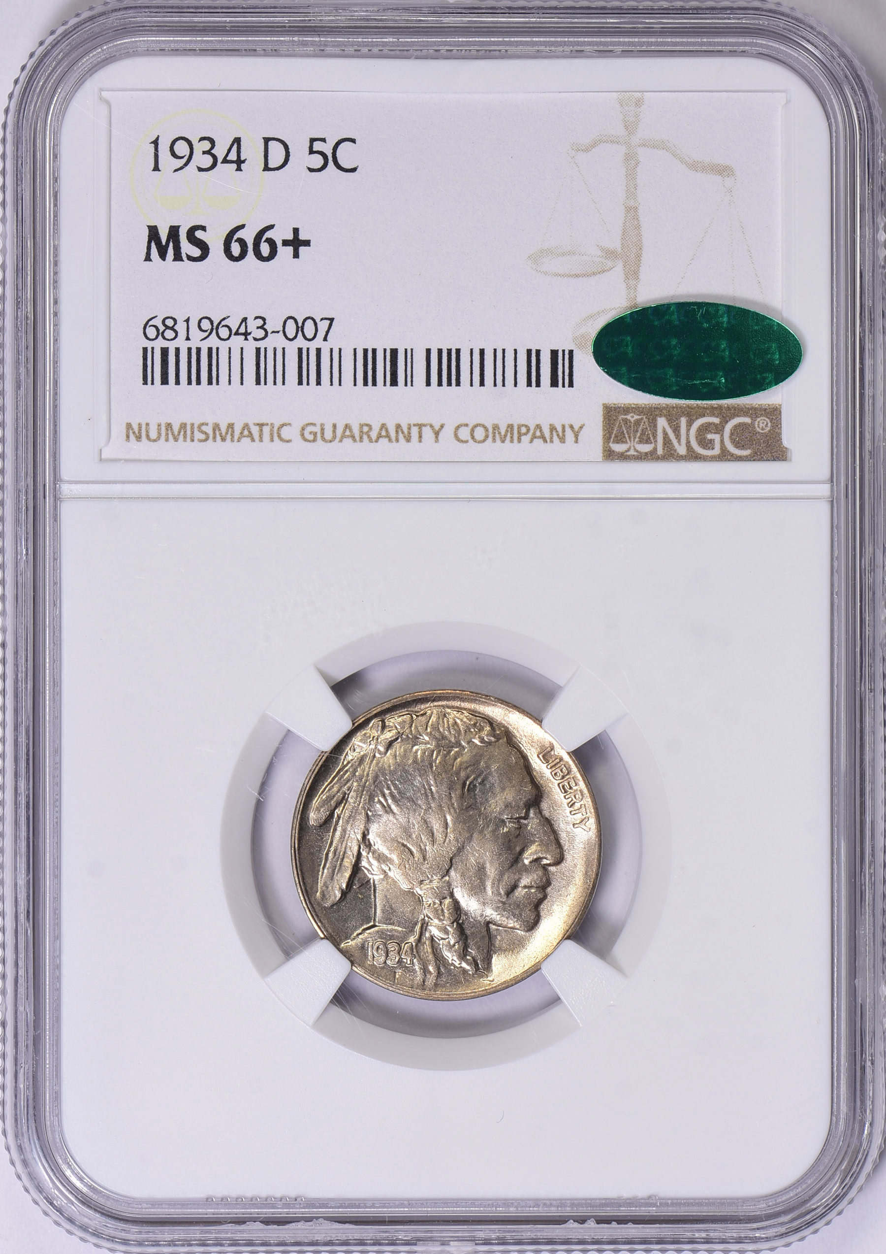 1934-D Buffalo Nickel NGC MS-66+ (CAC Green) (Item 1787732) | GreatCollections Coin Auctions