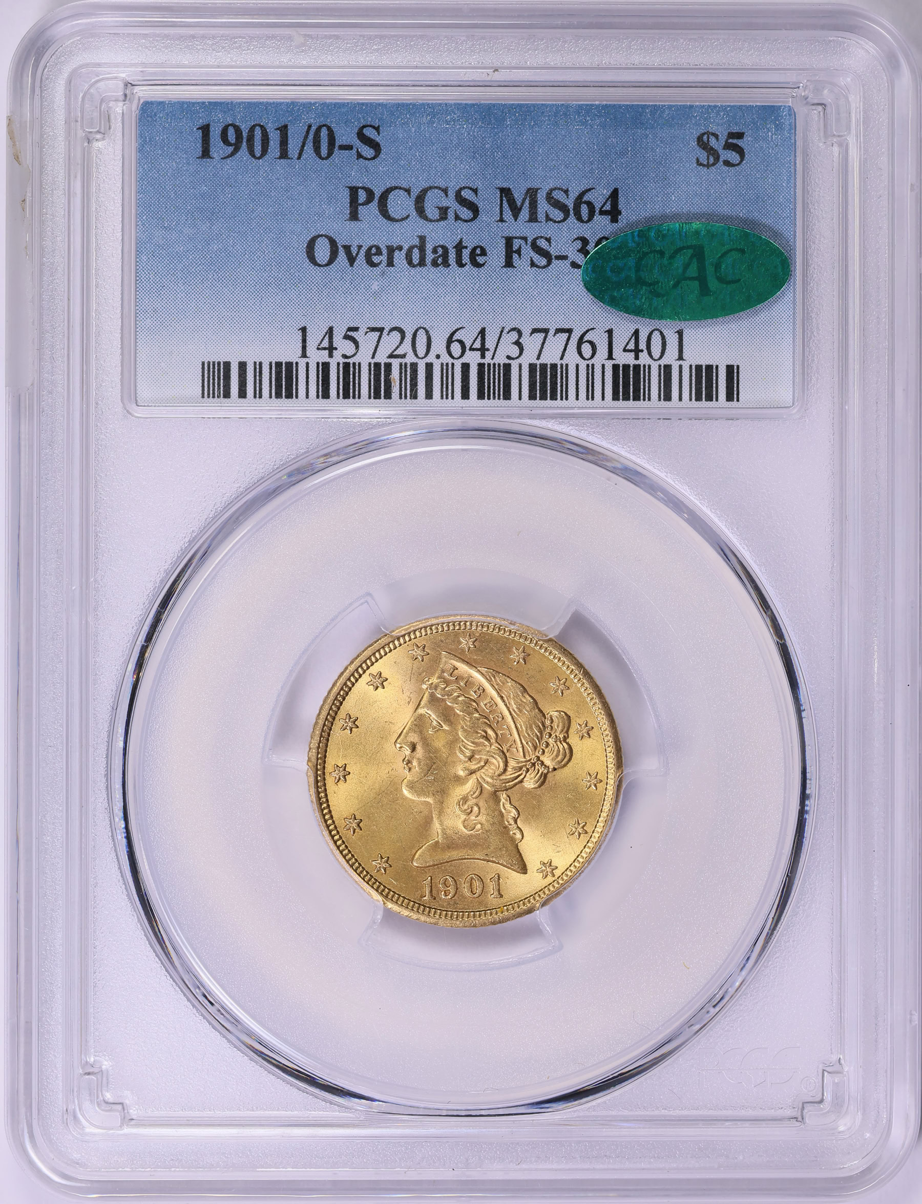 1901/0-S Liberty Gold Half Eagle Overdate FS-301 PCGS MS-64 (CAC Green) (Item 1787743 ...