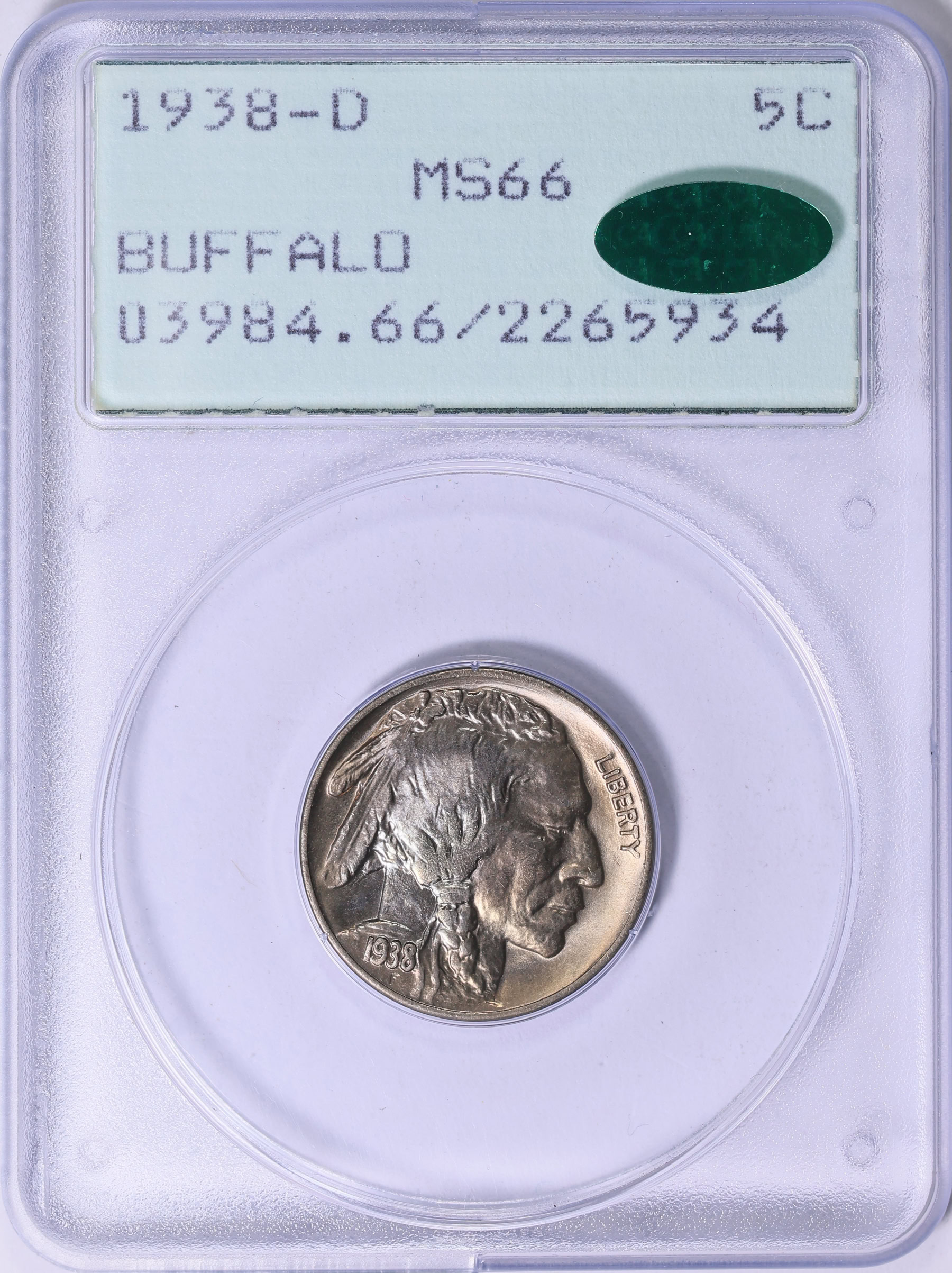 1938-D Buffalo Nickel PCGS MS-66 (CAC Green) OGH (1st Gen) (Item 1787747) | GreatCollections ...