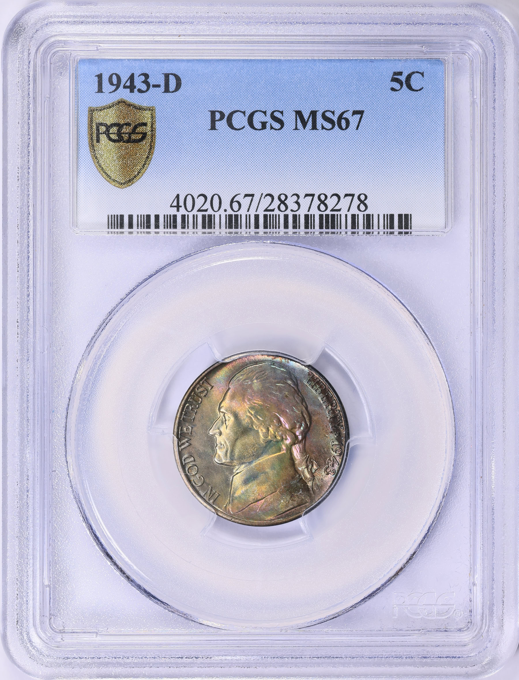 1943-D Jefferson Nickel PCGS MS-67 (Toned) (Item 1787834) | GreatCollections Coin Auctions