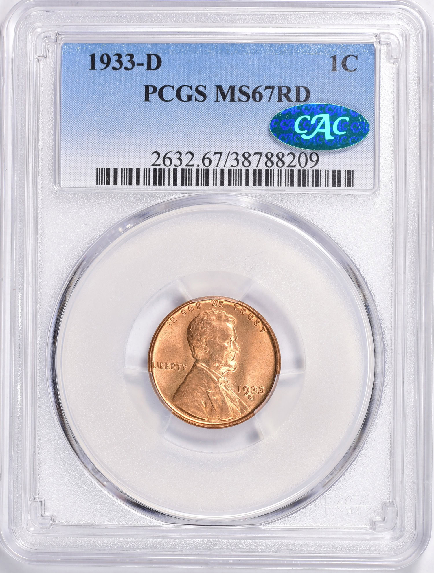 1933-D Lincoln Cent PCGS MS-67 RD (CAC Green) (Item 1787861) | GreatCollections Coin Auctions