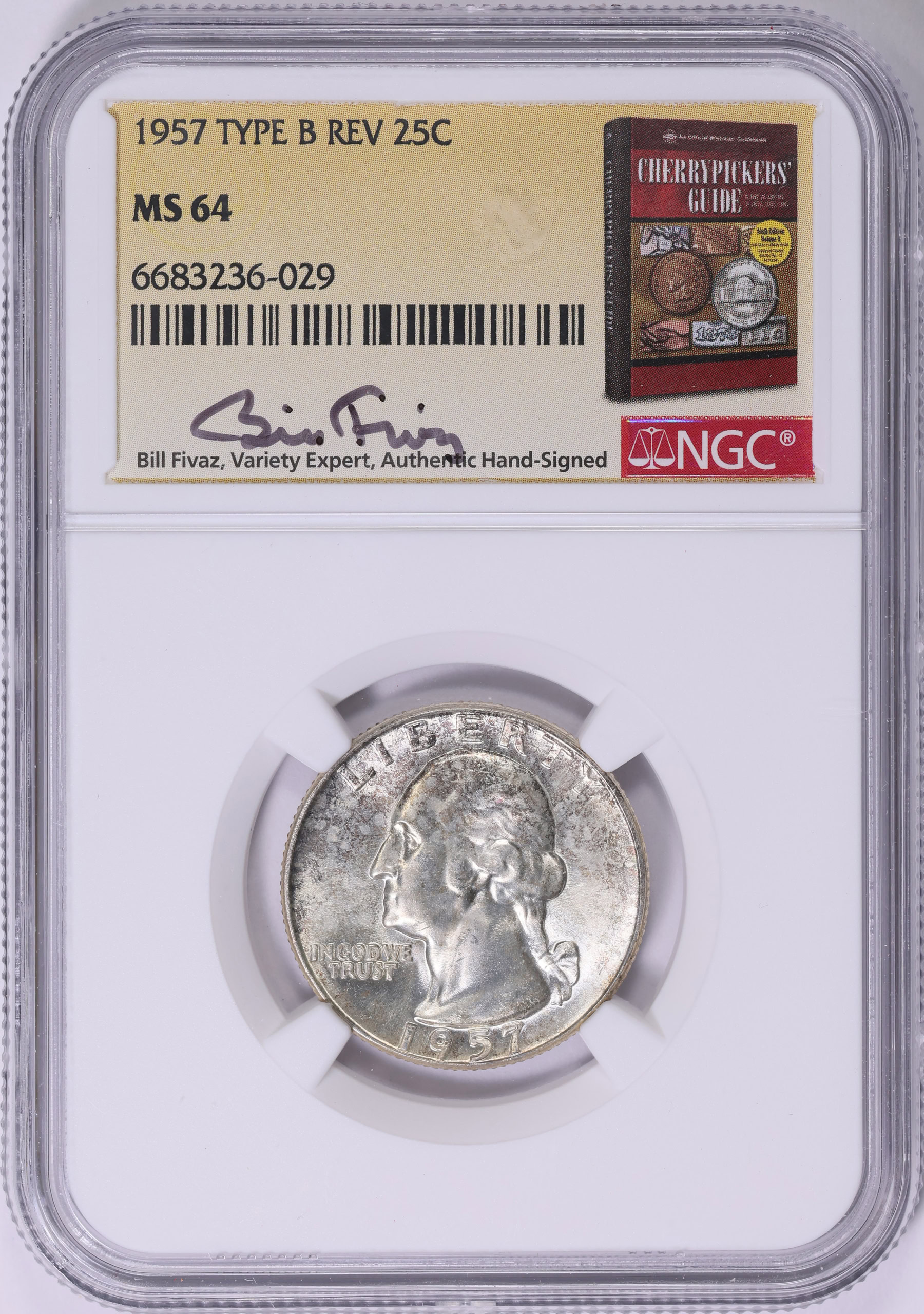 1957 Washington Quarter Type B Reverse NGC MS-64 (Bill Fivaz Signed Label) (Item 1787979 ...
