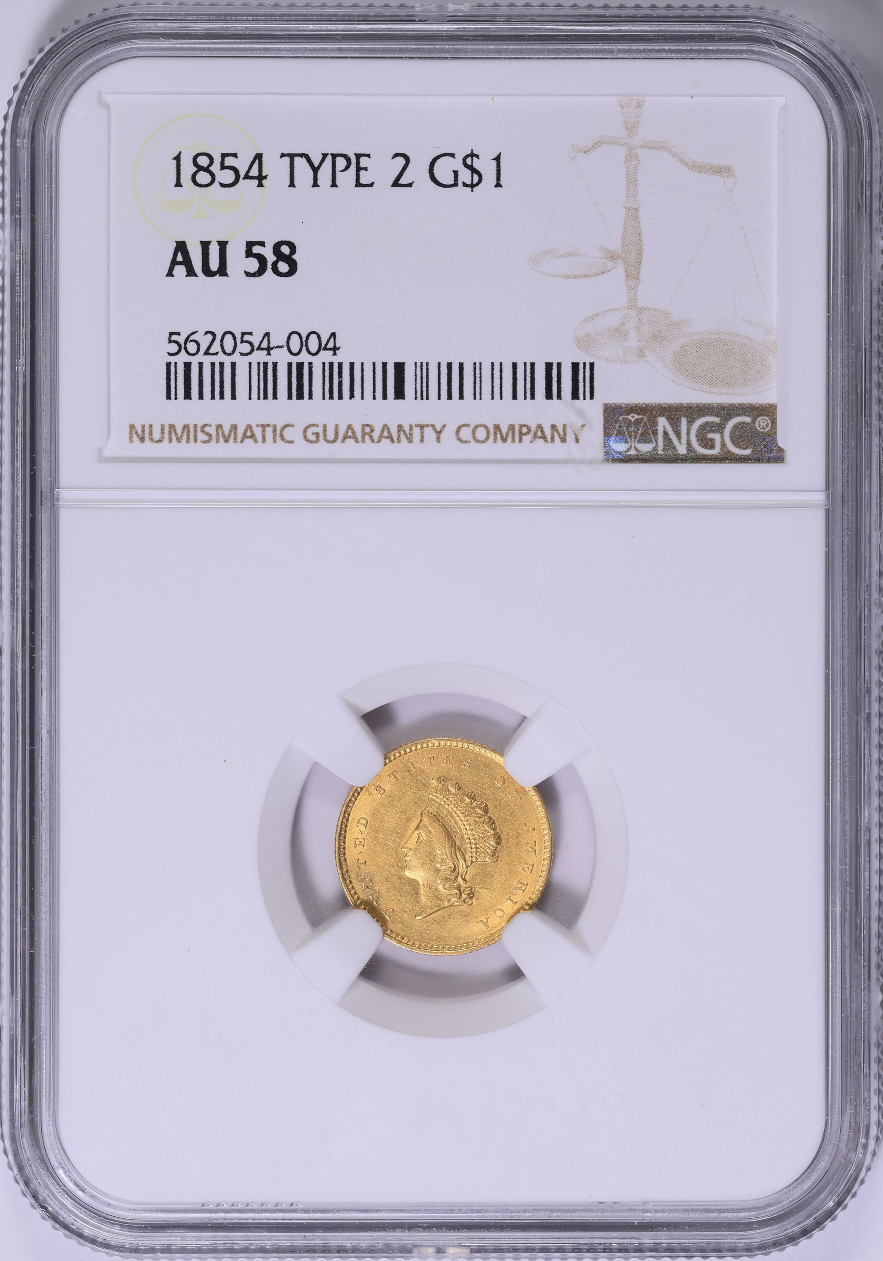 1854 Indian Princess Gold Dollar Type 2 NGC AU-58 (Item 1788005) | GreatCollections Coin Auctions