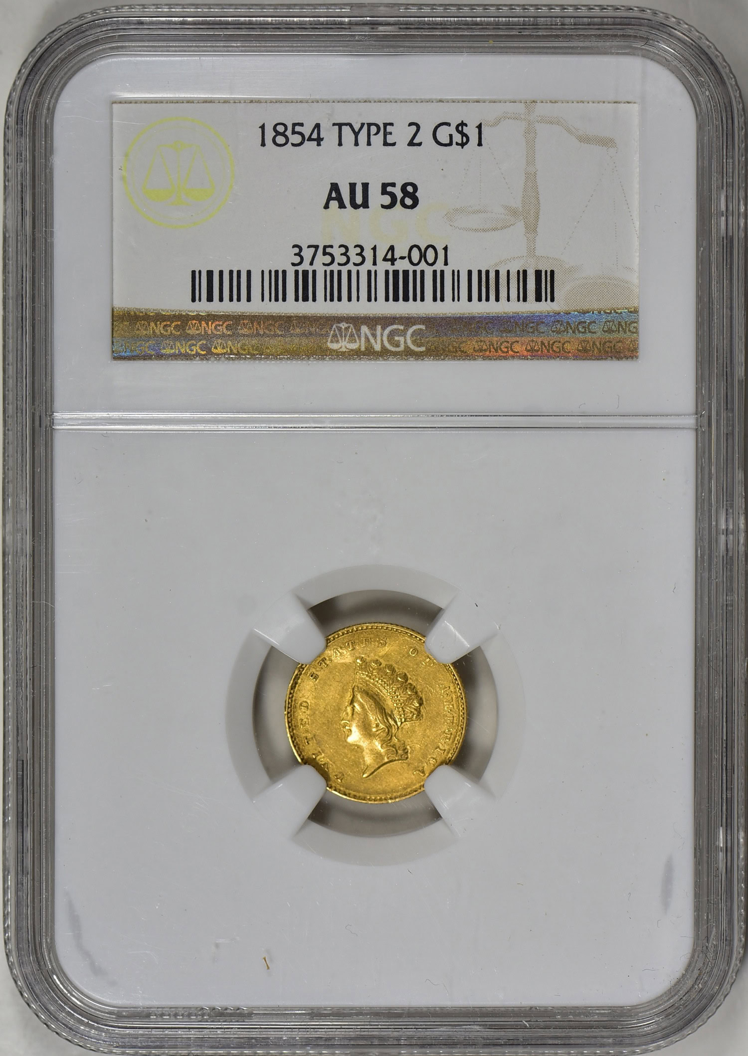 1854 Indian Princess Gold Dollar Type 2 NGC AU-58 (Item 1788008) | GreatCollections Coin Auctions