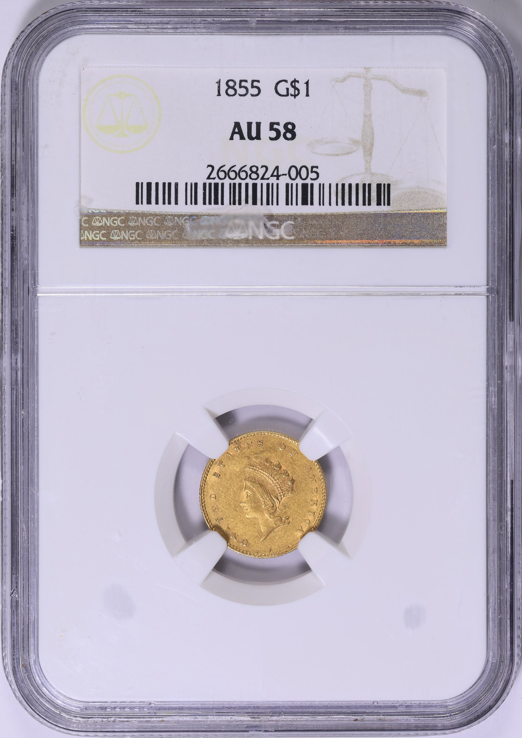 1855 Indian Princess Gold Dollar NGC AU-58 (Item 1788009) | GreatCollections Coin Auctions