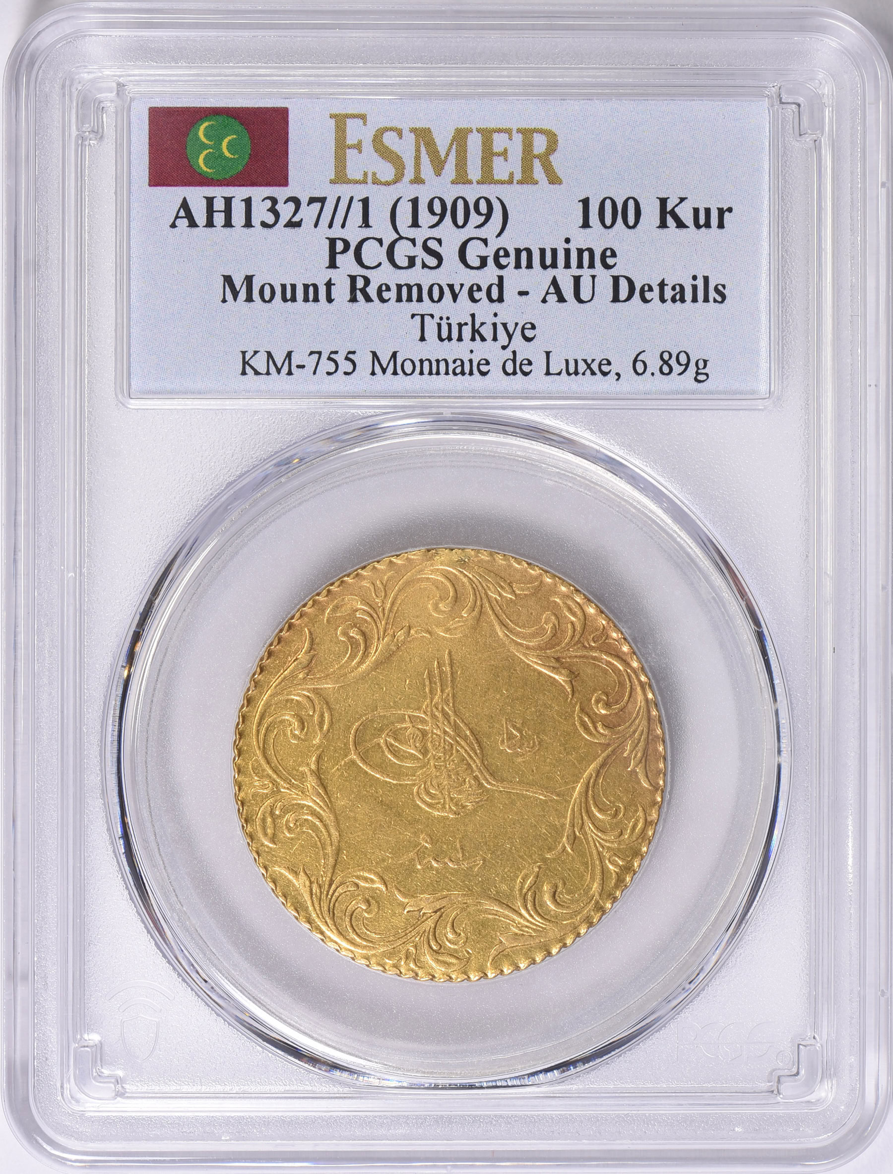 Turkey AH 1327 Year 1 (1909) Gold 100 Kurush Monnaie de Luxe KM-755 ...
