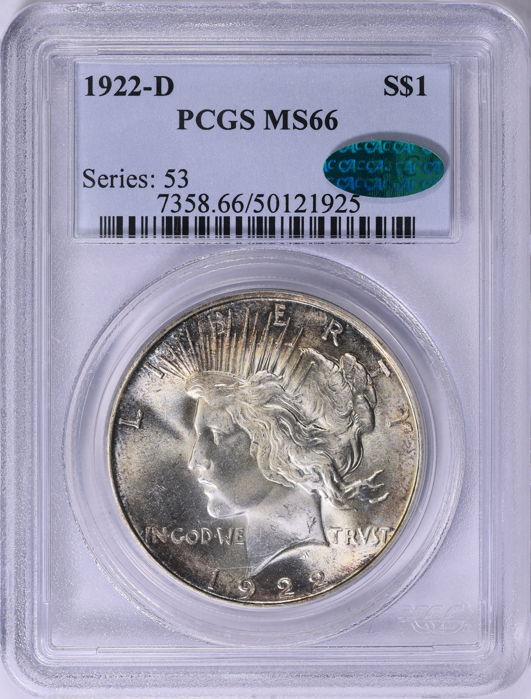 1922-D Peace Silver Dollar PCGS MS-66 (CAC Green) (Toned) (Item 1788343) | GreatCollections Coin ...