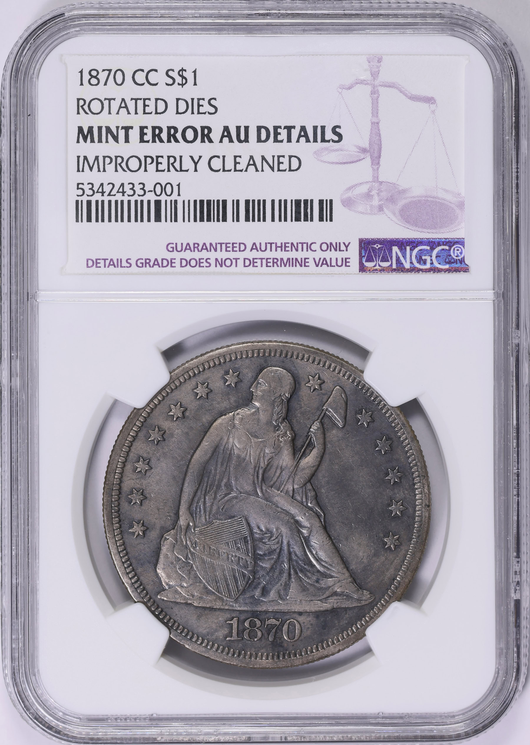 Mint Error 1870-CC Seated Liberty Silver Dollar Rotated Dies NGC AU Details | NGC Cert #5342433 ...