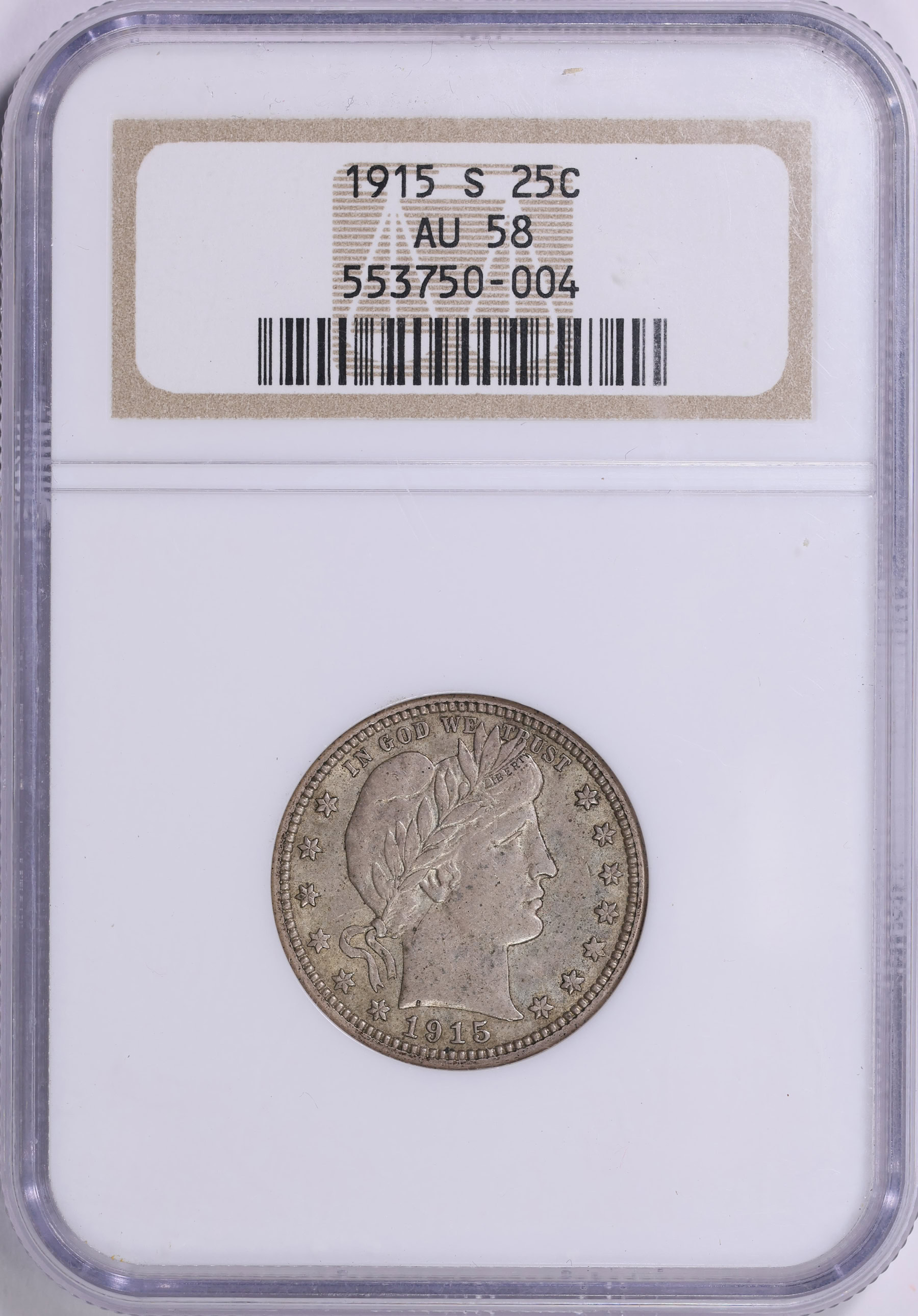 1915-S Barber Quarter NGC AU-58 (Item 1788394) | GreatCollections Coin ...