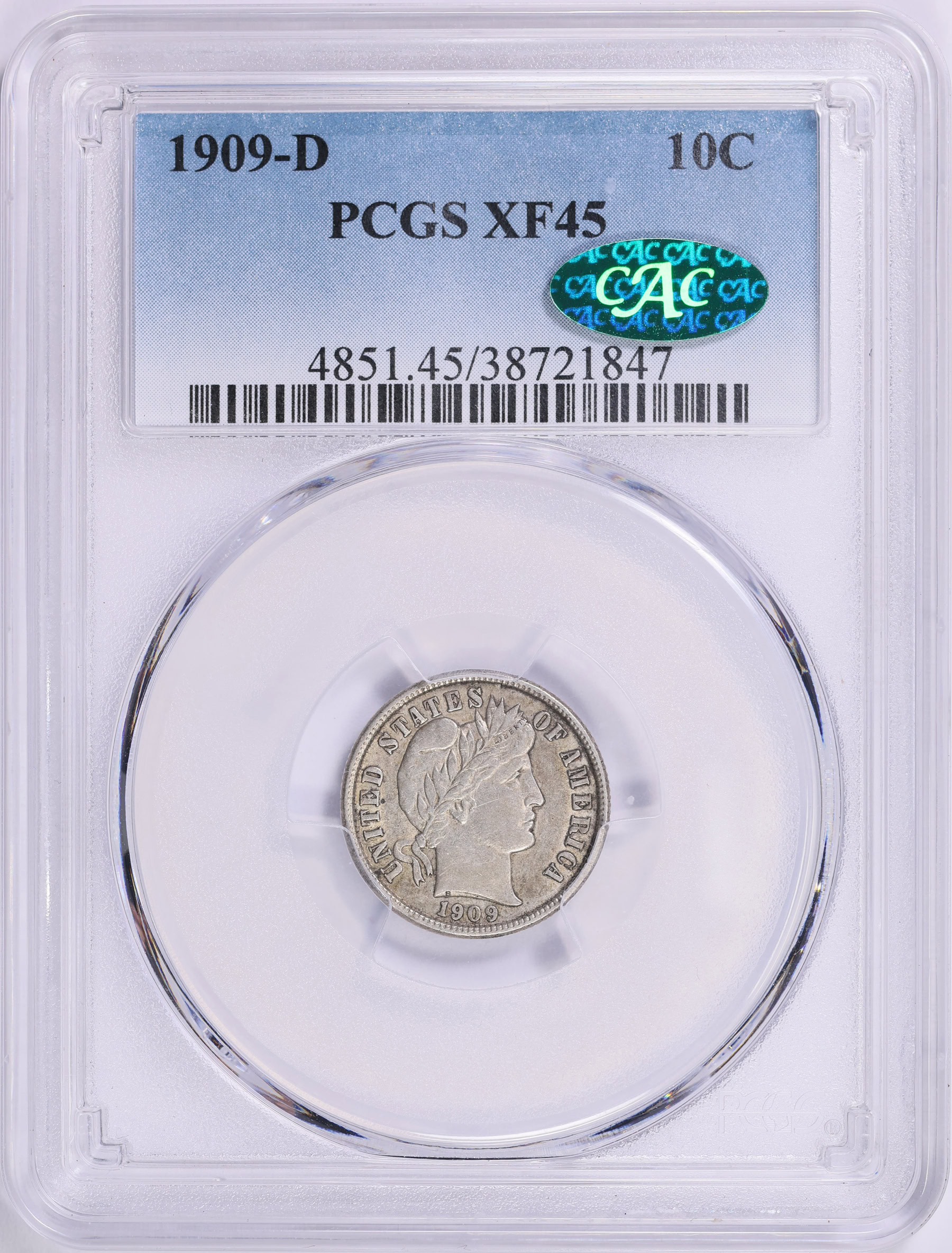 1909-D Barber Dime PCGS XF-45 (CAC Green) (Item 1788429) | GreatCollections Coin Auctions