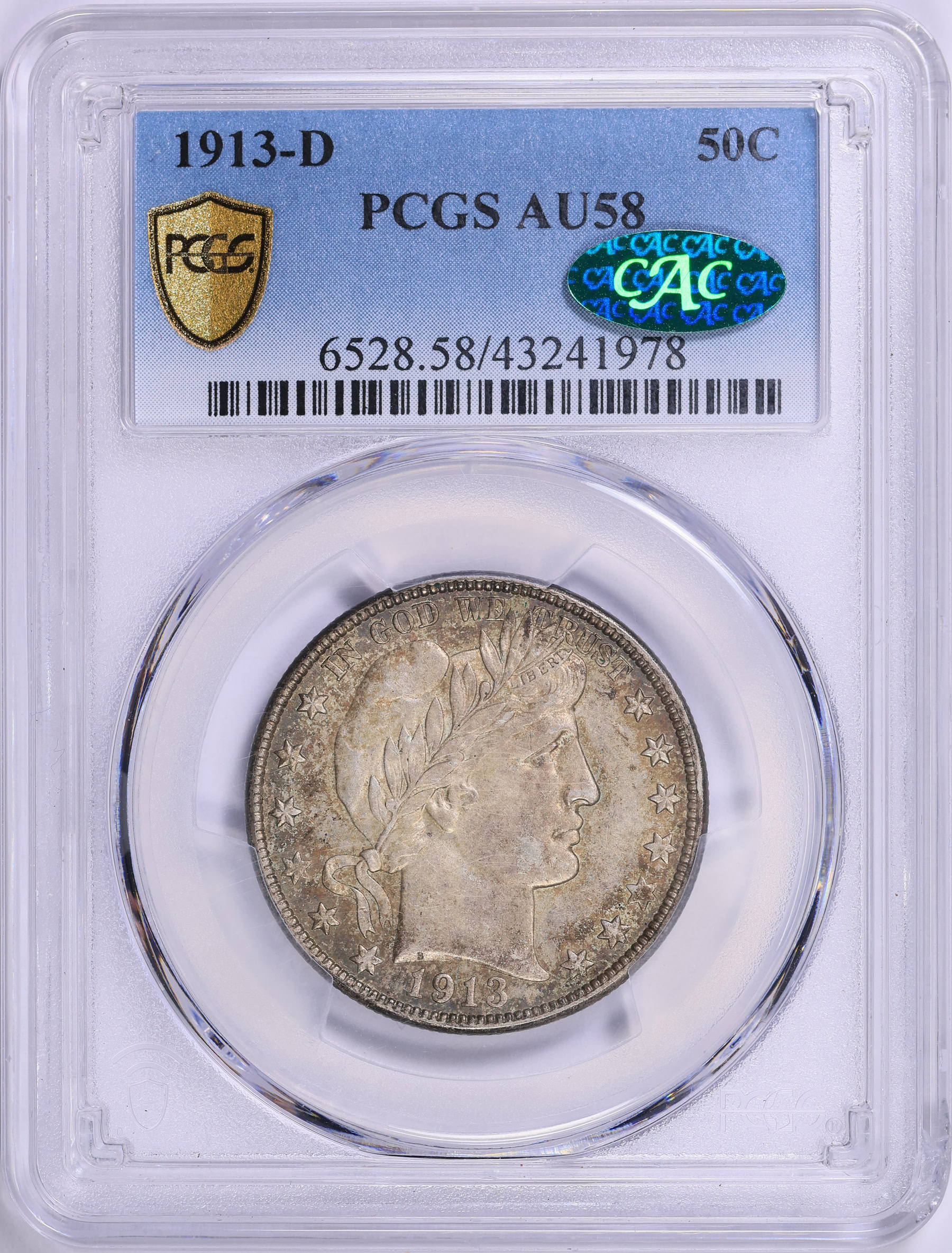 1913-D Barber Half Dollar PCGS AU-58 (CAC Green) (Toned) (Item 1788431) | GreatCollections Coin ...