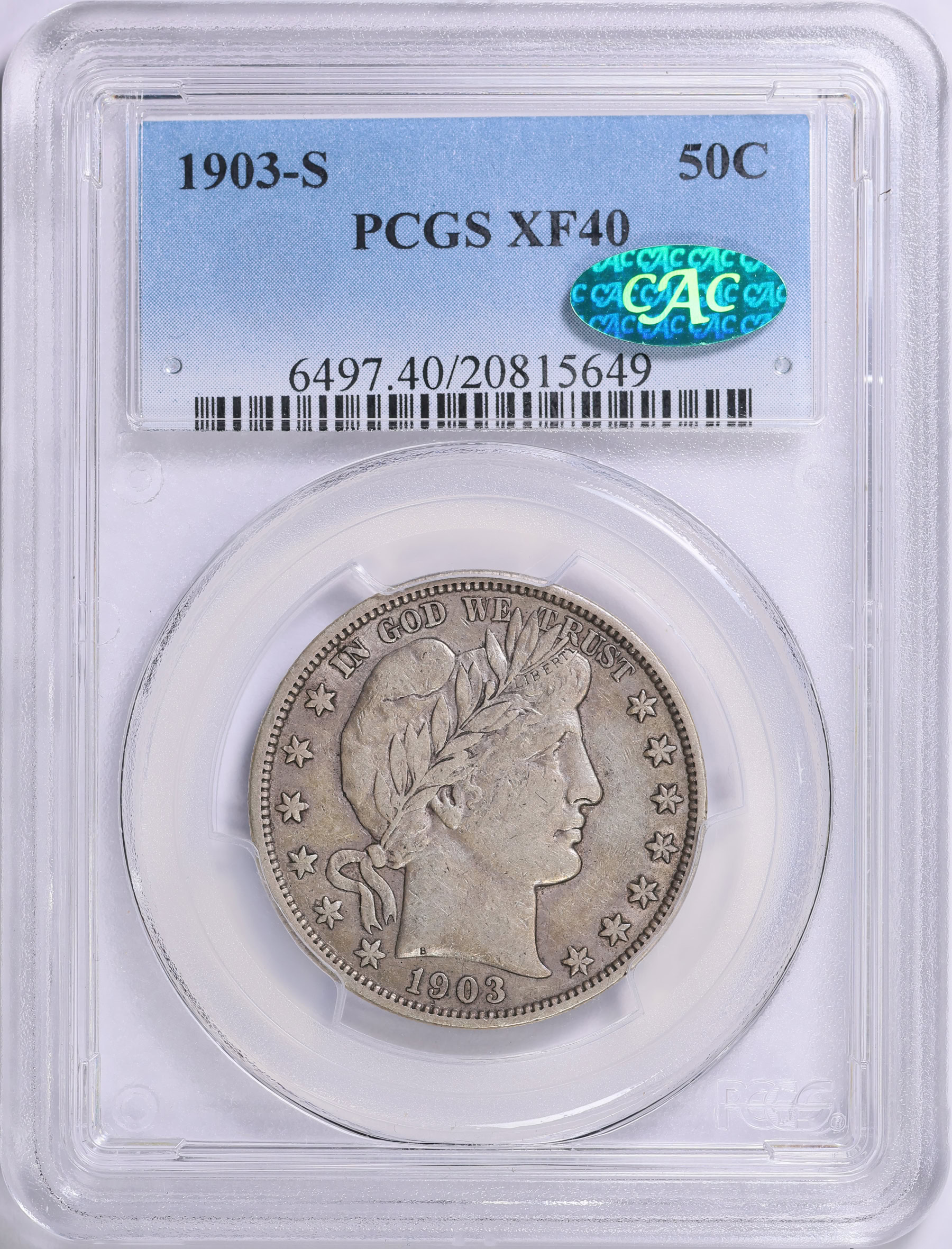 1903-S Barber Half Dollar PCGS XF-40 (CAC Green) (Item 1788485) | GreatCollections Coin Auctions