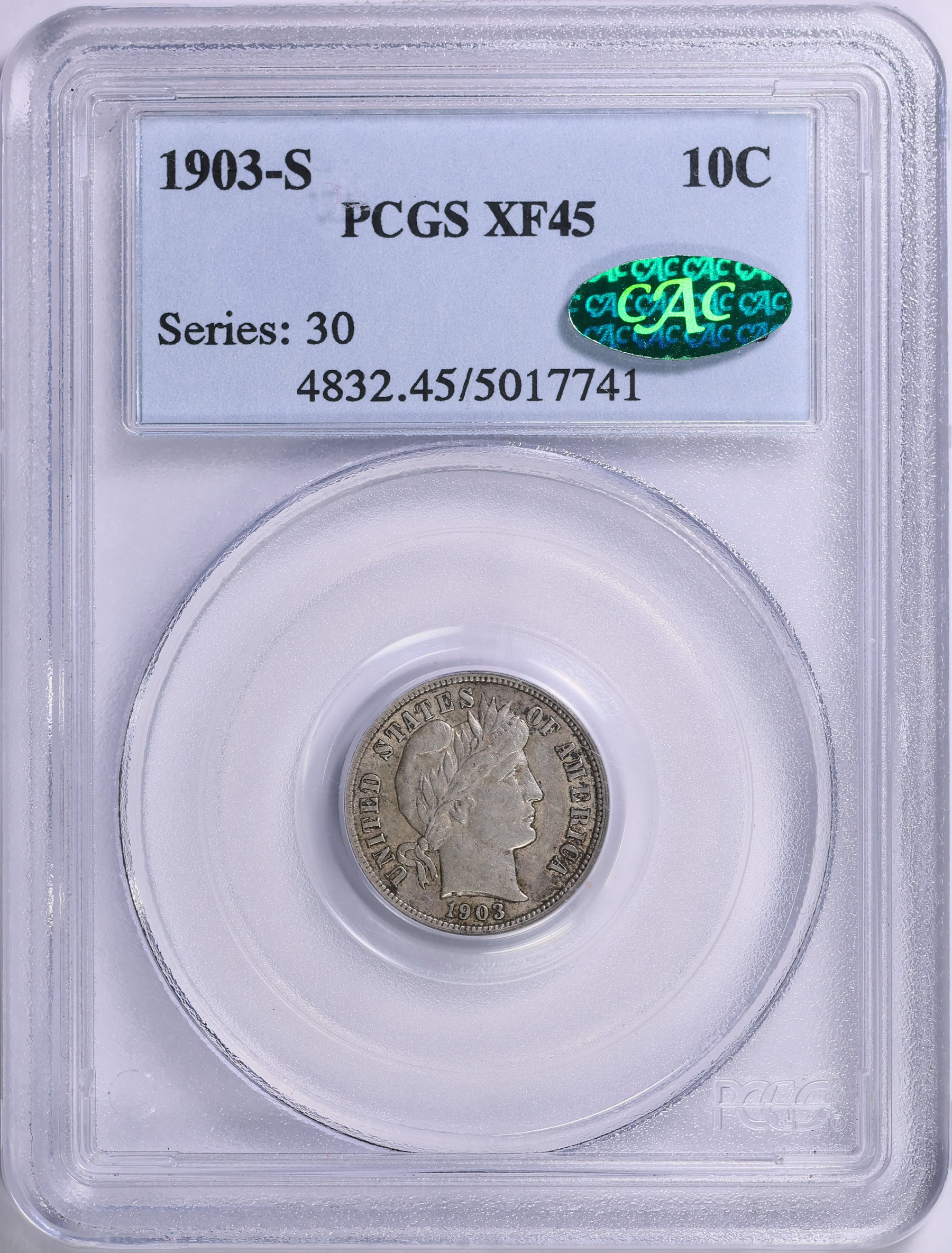 1903-S Barber Dime PCGS XF-45 (CAC Green) (Item 1788490) | GreatCollections Coin Auctions