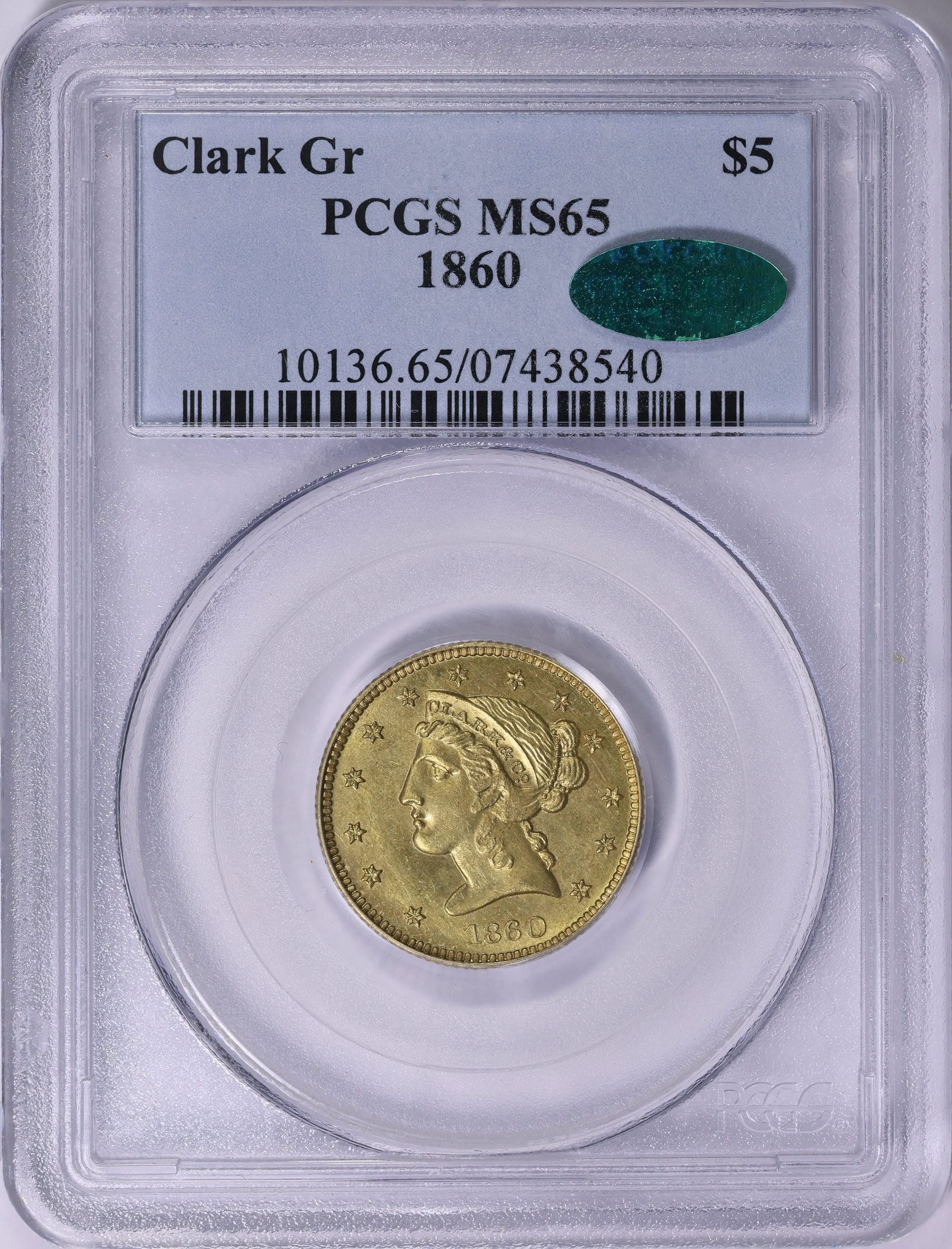 1860 $5 Gold Clark, Gruber & Co. PCGS MS-65 (CAC Green) (Item 1788531 ...
