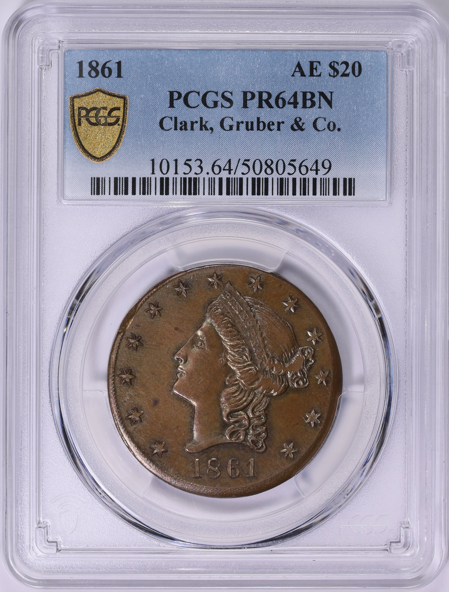 1861 $20 Clark, Gruber & Co. Copper Die Trial K12-b PCGS Proof-64 BN ...