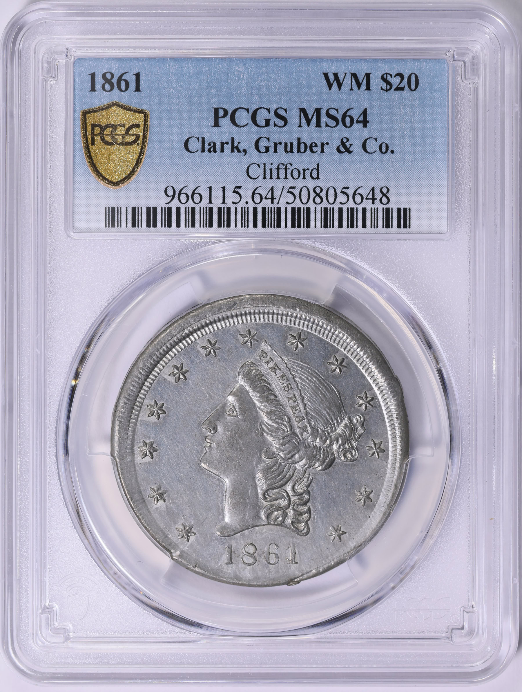 1861 $20 Clark, Gruber & Co. White Metal Die Trial K-12 PCGS MS-64 (Ex ...
