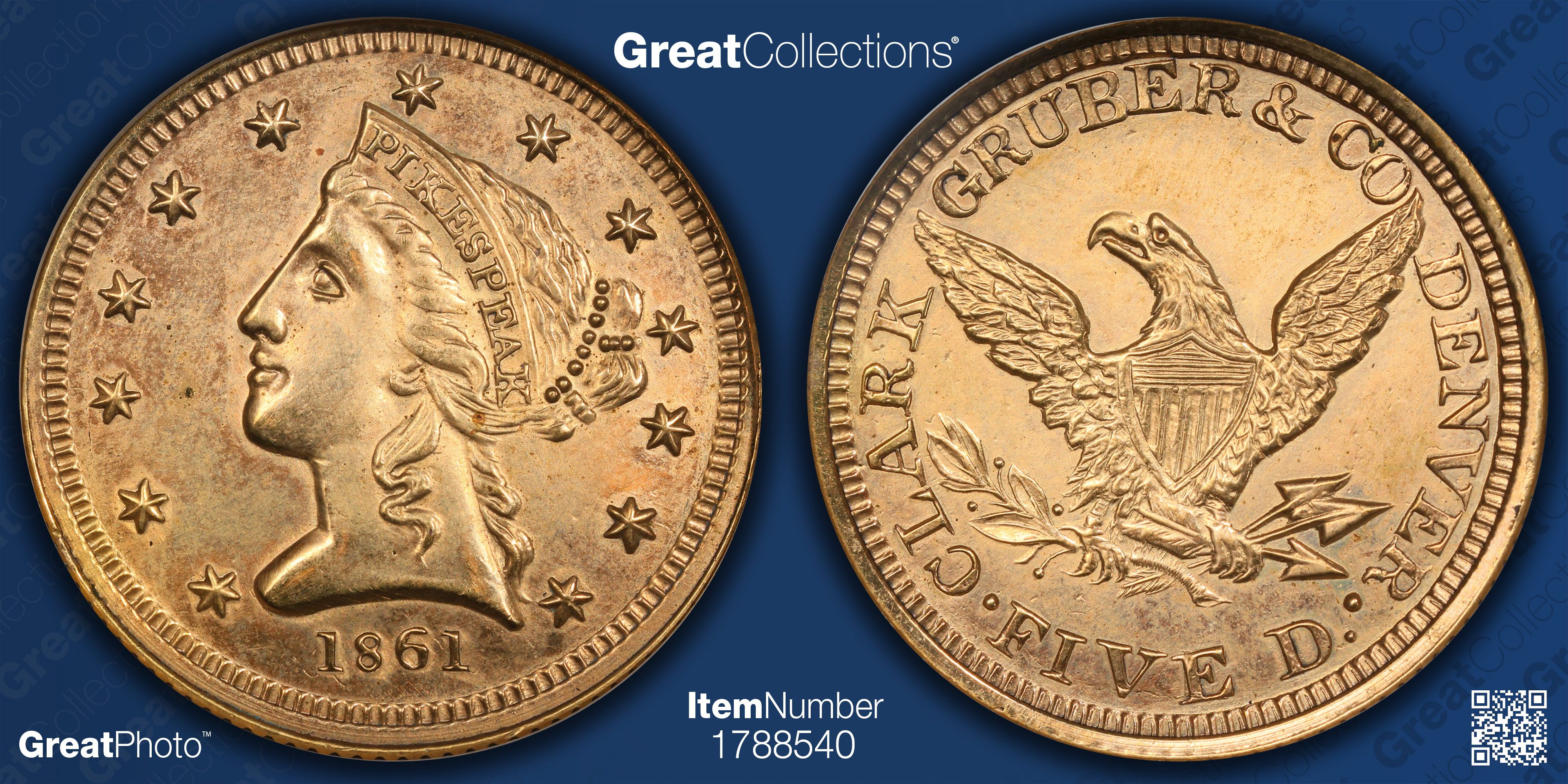 1861 $5 Clark, Gruber & Co. Copper Die Trial K-10-C Gilt NGC MS-64 ...