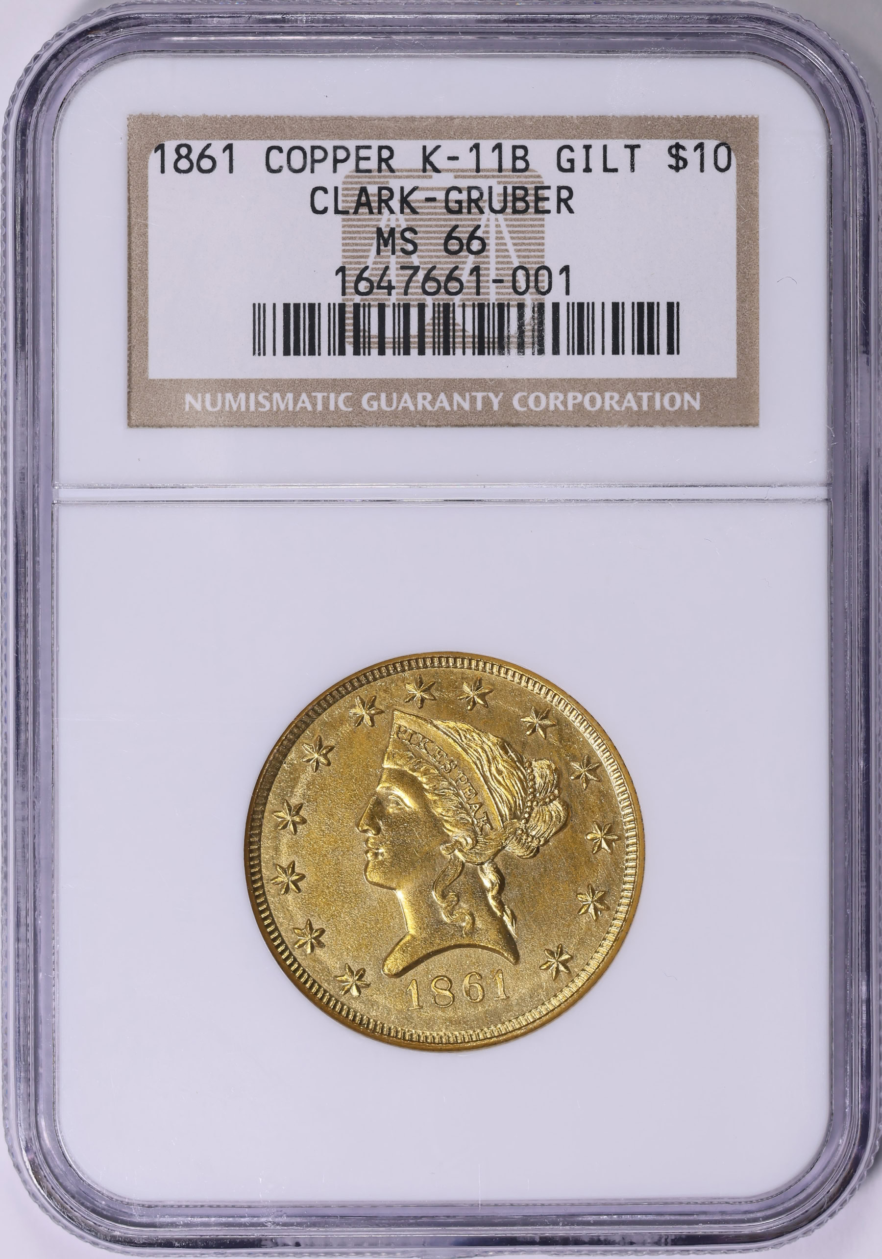 1861 $10 Clark, Gruber & Co. Copper Die Trial K-11b Gilt NGC MS-66 ...