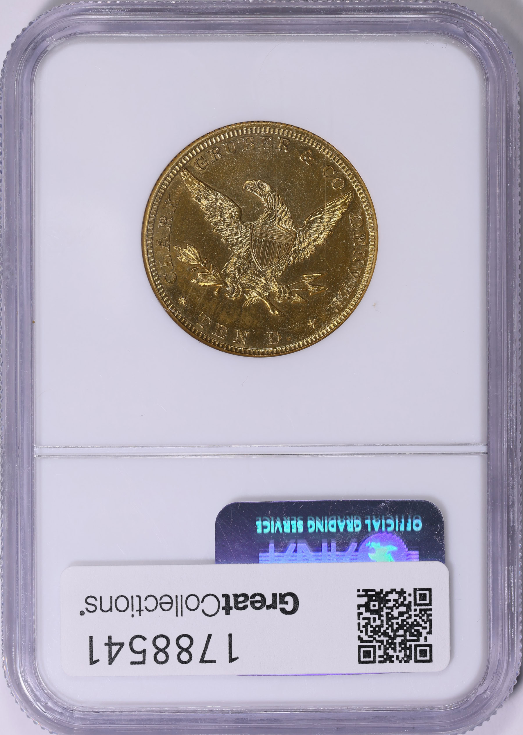 1861 $10 Clark, Gruber & Co. Copper Die Trial K-11b Gilt NGC MS-66 ...