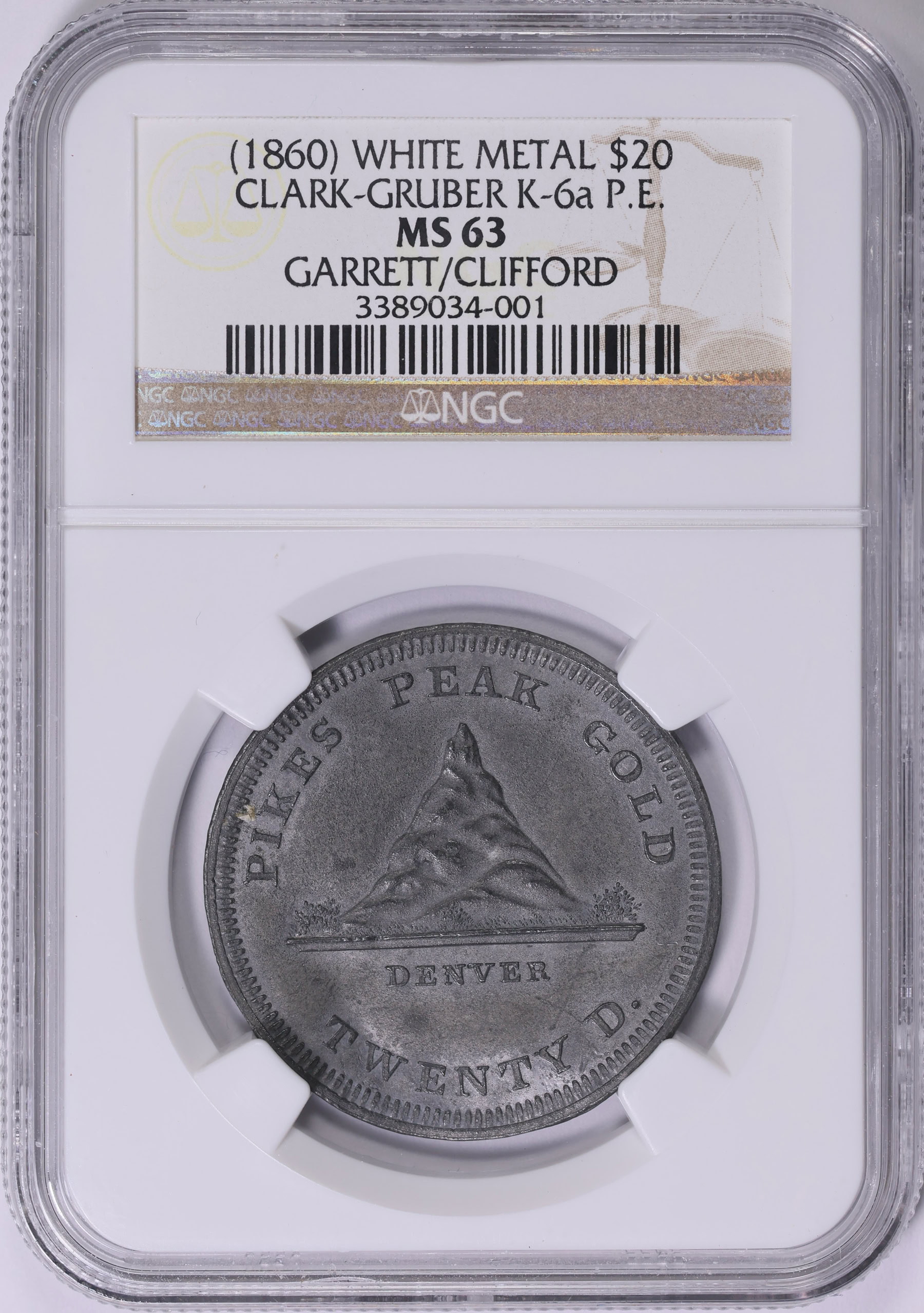 (1860) $20 Clark, Gruber & Co. Uniface Obverse White Metal Die Trial or ...