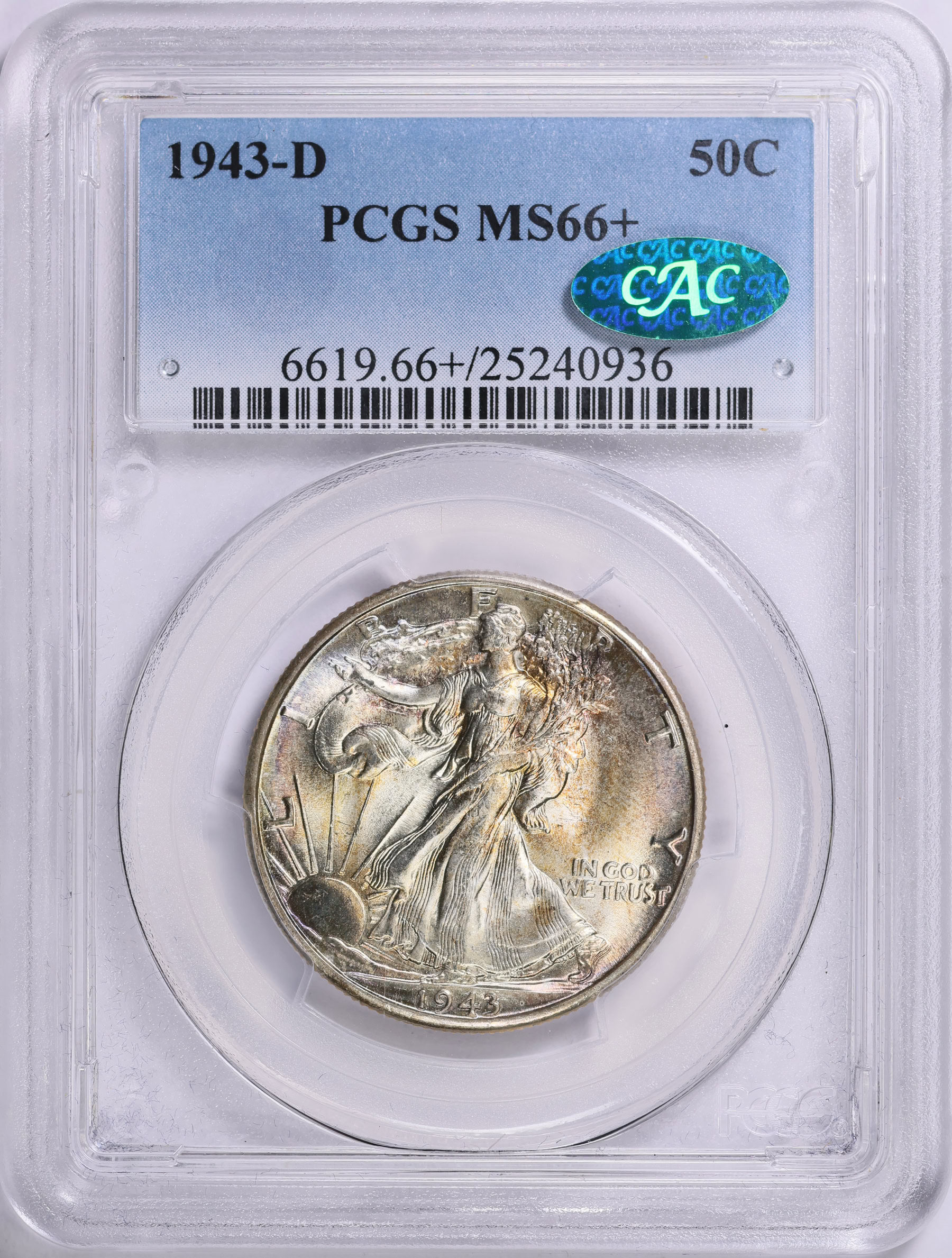 1943-D Walking Liberty Half Dollar PCGS MS-66+ (CAC Green) (Toned) (Item 1788560 ...