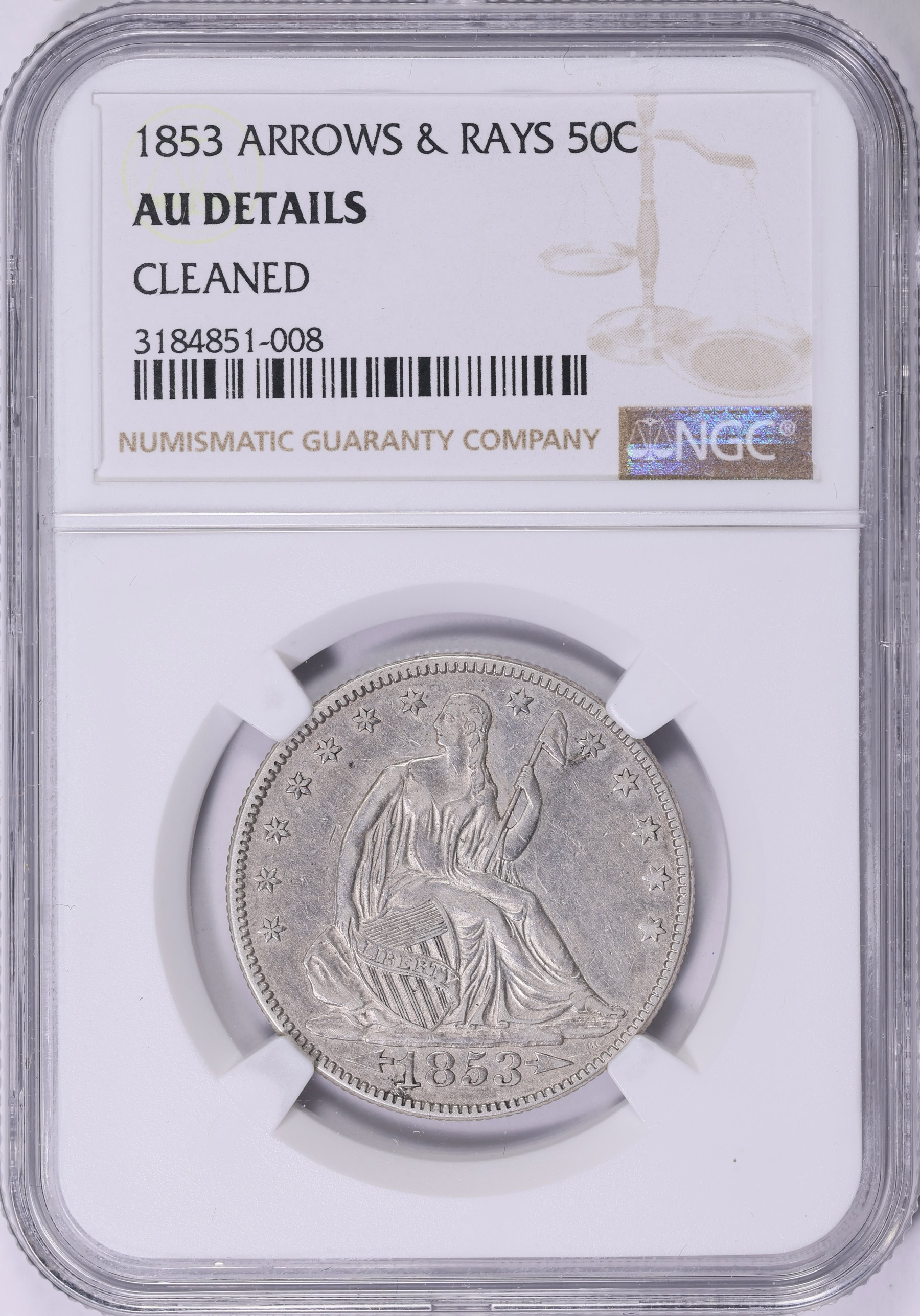 1853 Seated Liberty Half Dollar Arrows and Rays NGC AU Details (Item 1788578) | GreatCollections ...