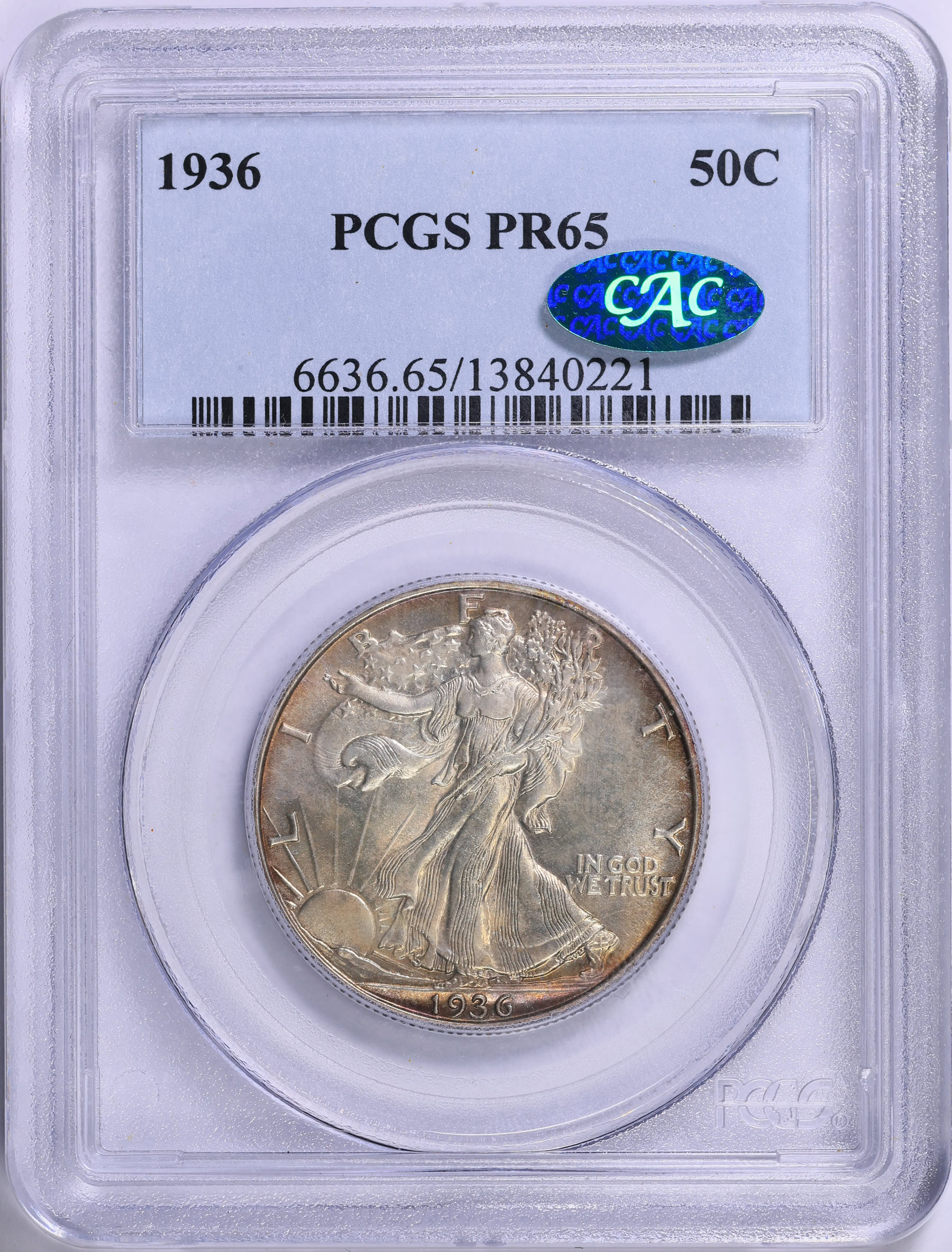 1936 Walking Liberty Half Dollar PCGS Proof-65 (CAC Green) (Toned) (Item 1788642 ...