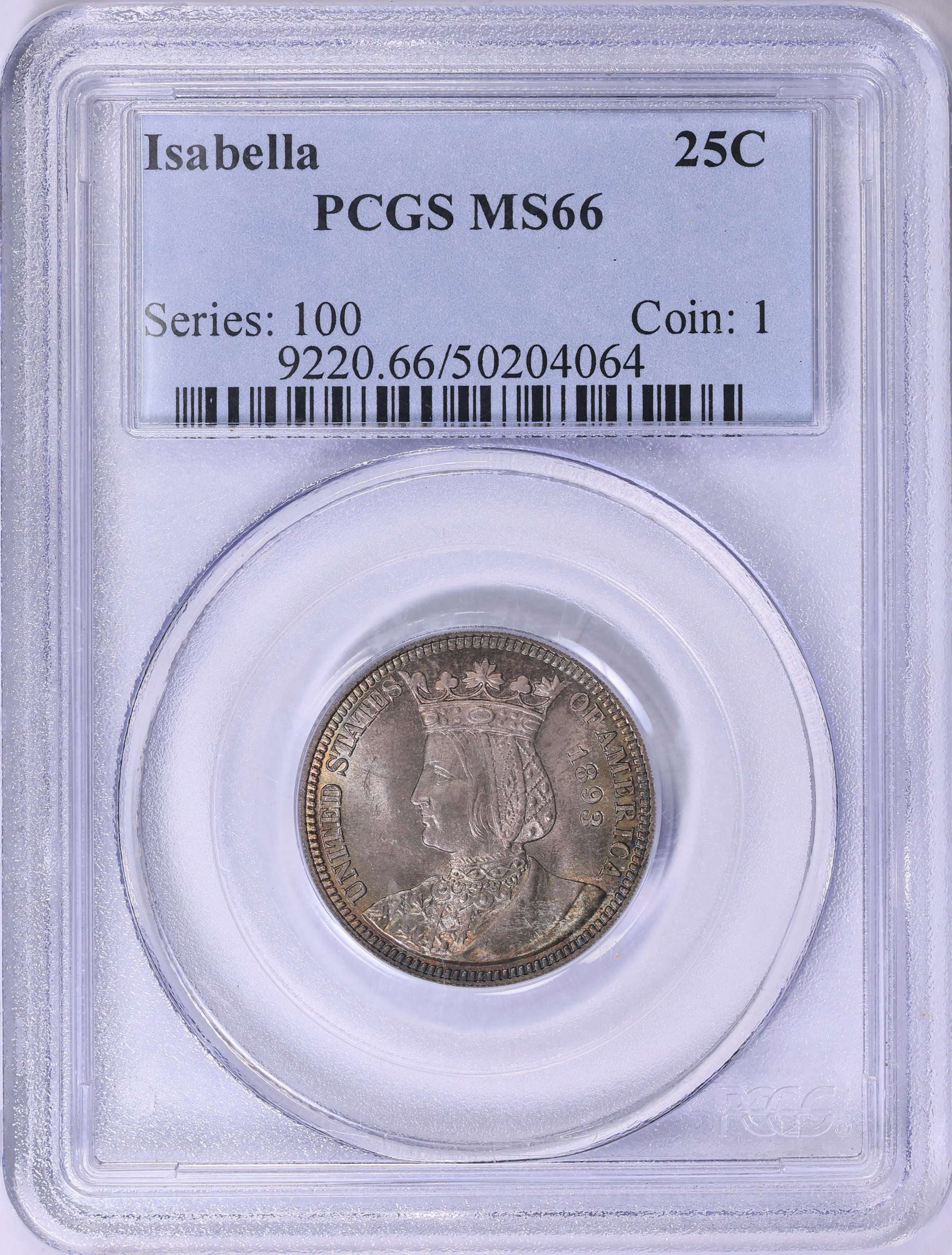 1893 World Columbian Exposition, Isabella Quarter PCGS MS-66 (Toned ...