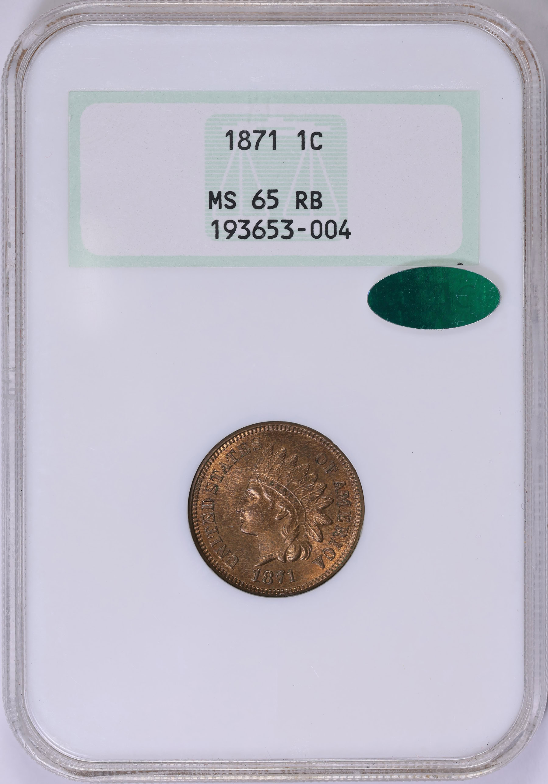 1871 Indian Cent NGC MS-65 RB (CAC Green) OH (Item 1788680) | GreatCollections Coin Auctions