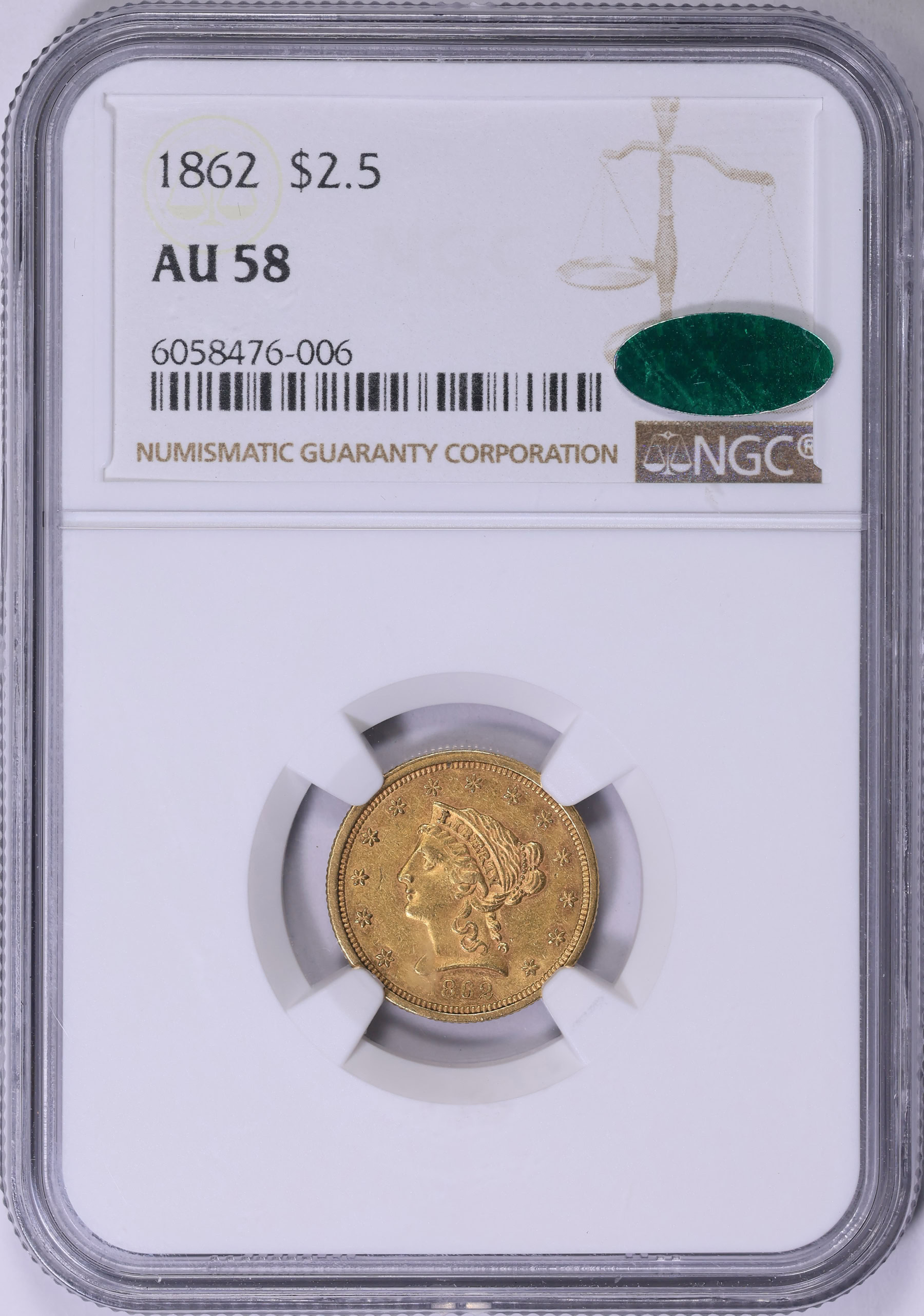 1862 Liberty Gold Quarter Eagle NGC AU-58 (CAC Green) (Item 1788683) | GreatCollections Coin ...