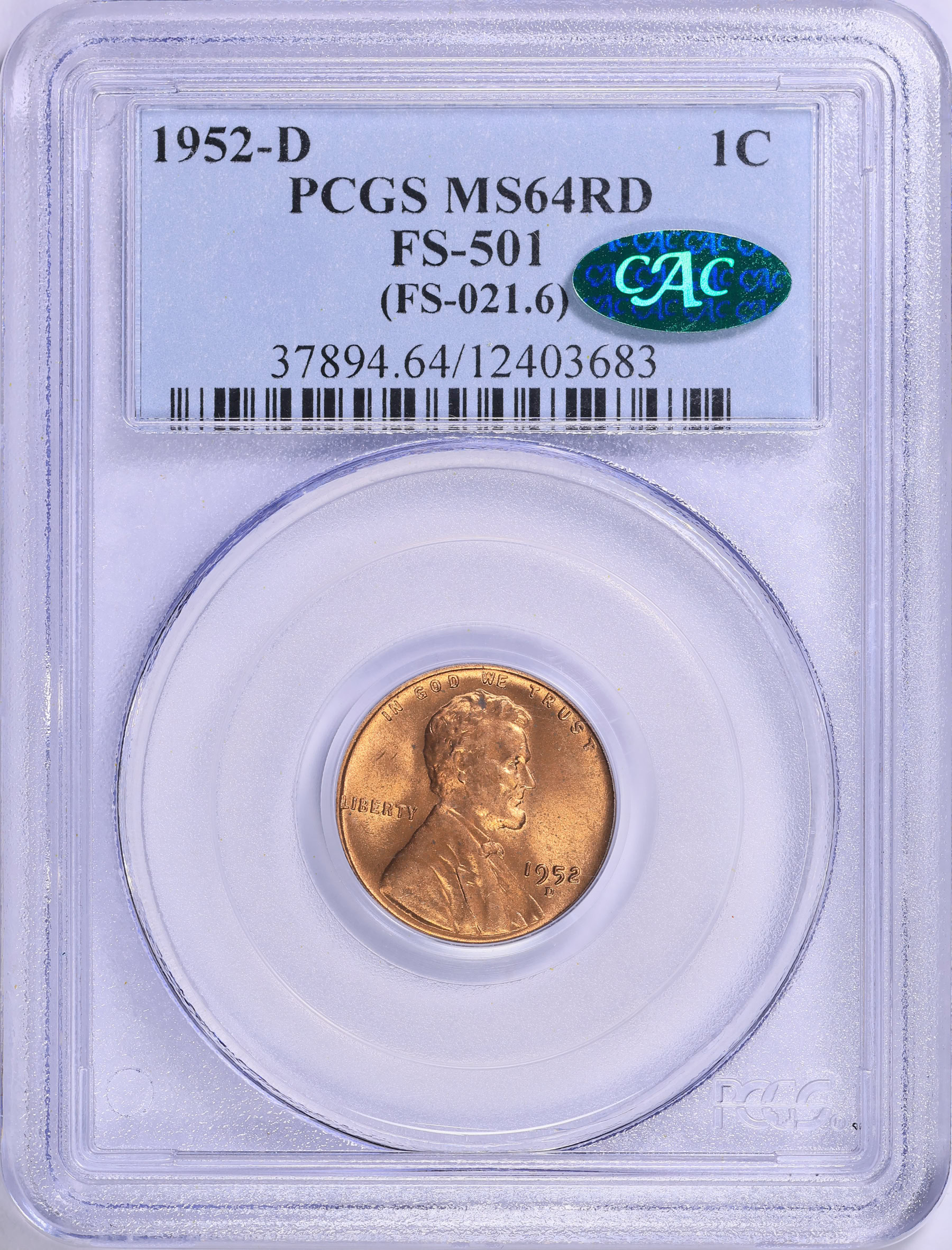 1952-D Lincoln Cent FS-501 (FS-021.6) PCGS MS-64 RD (CAC Green) (Item 1788892 ...