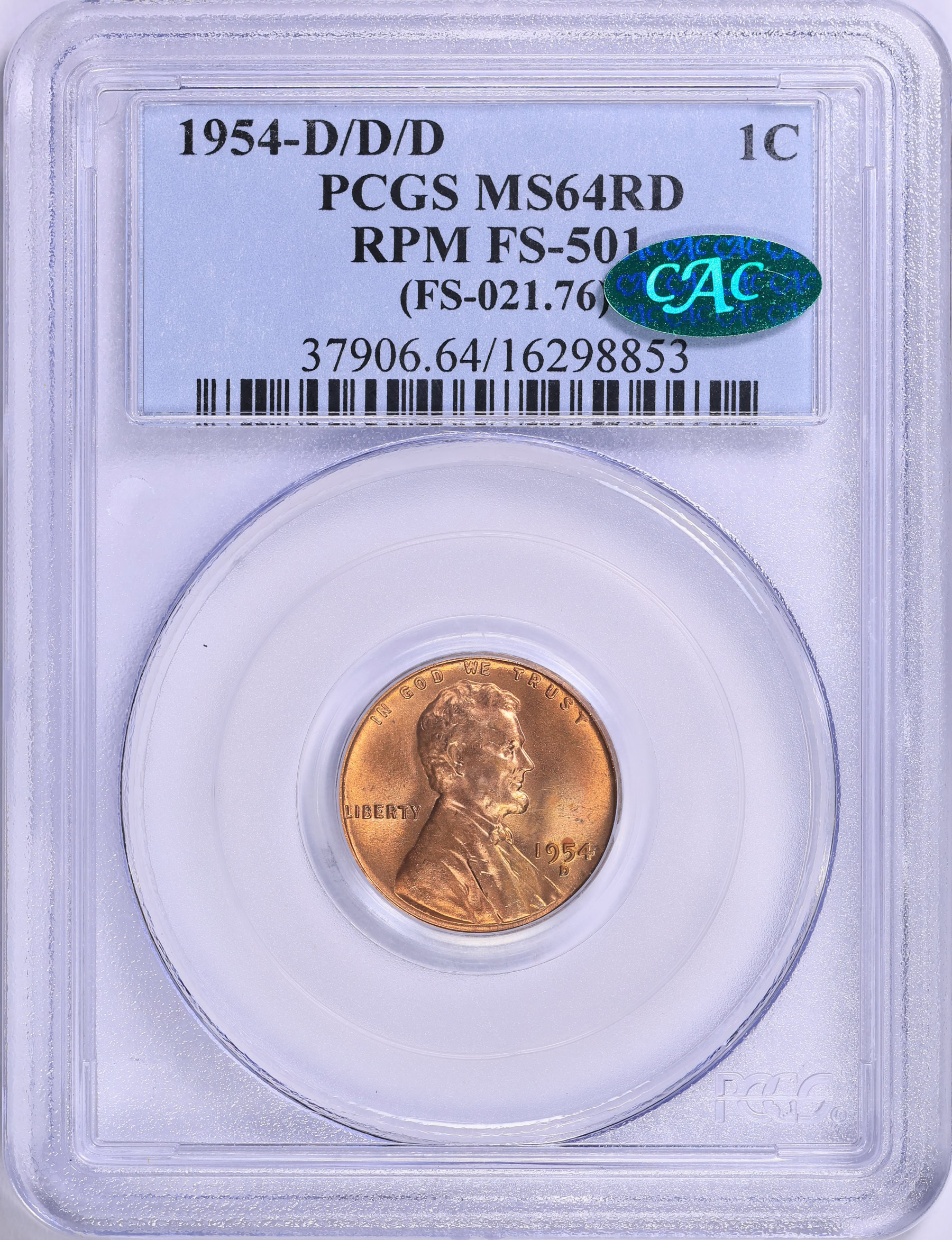 1954-D/D/D Lincoln Cent Repunched Mintmark FS-501 (FS-021.76) PCGS MS-64 RD (CAC Green) (Item ...