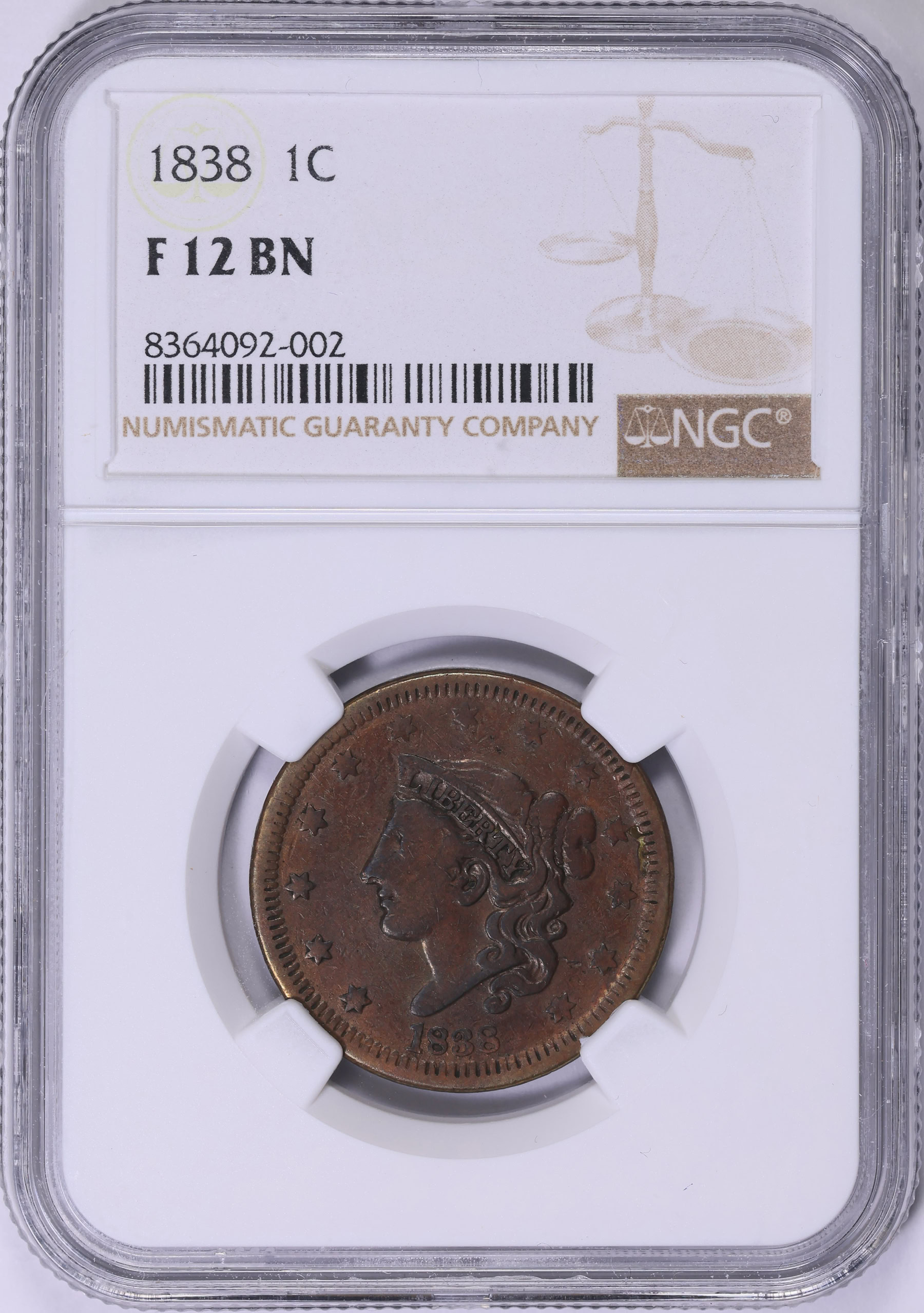 1838 Matron Cent NGC F-12 BN (Item 1789070) | GreatCollections Coin Auctions