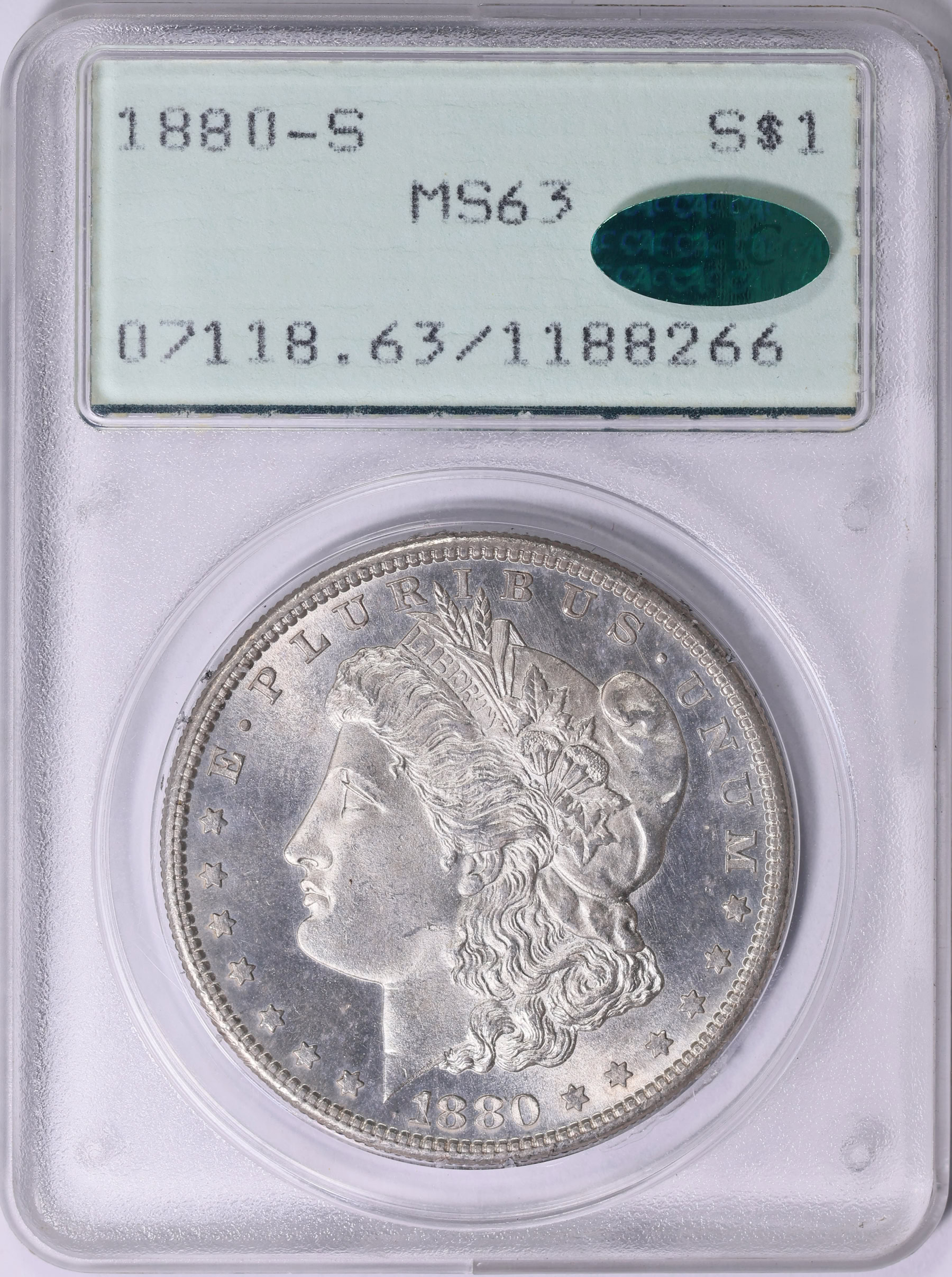 1880-S Morgan Silver Dollar PCGS MS-63 (CAC Green) OGH (1st Gen) (Item 1789089 ...