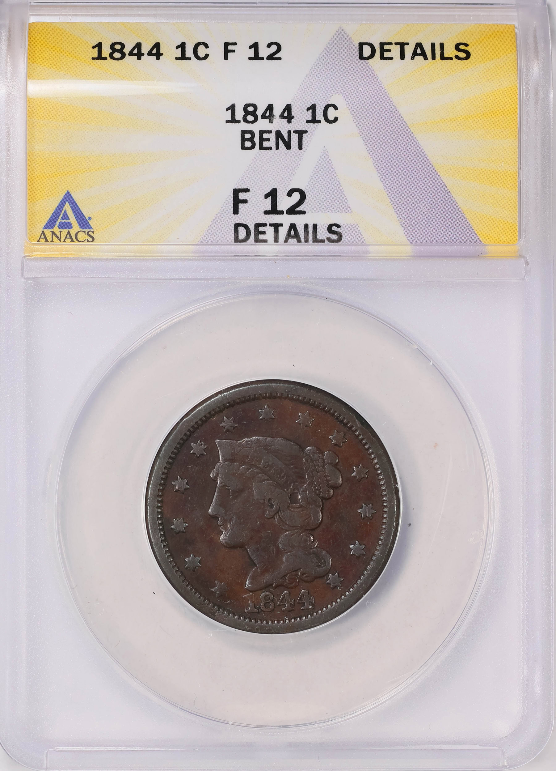1844 Braided Hair Cent ANACS F-12 Details (Item 1789310) | GreatCollections Coin Auctions