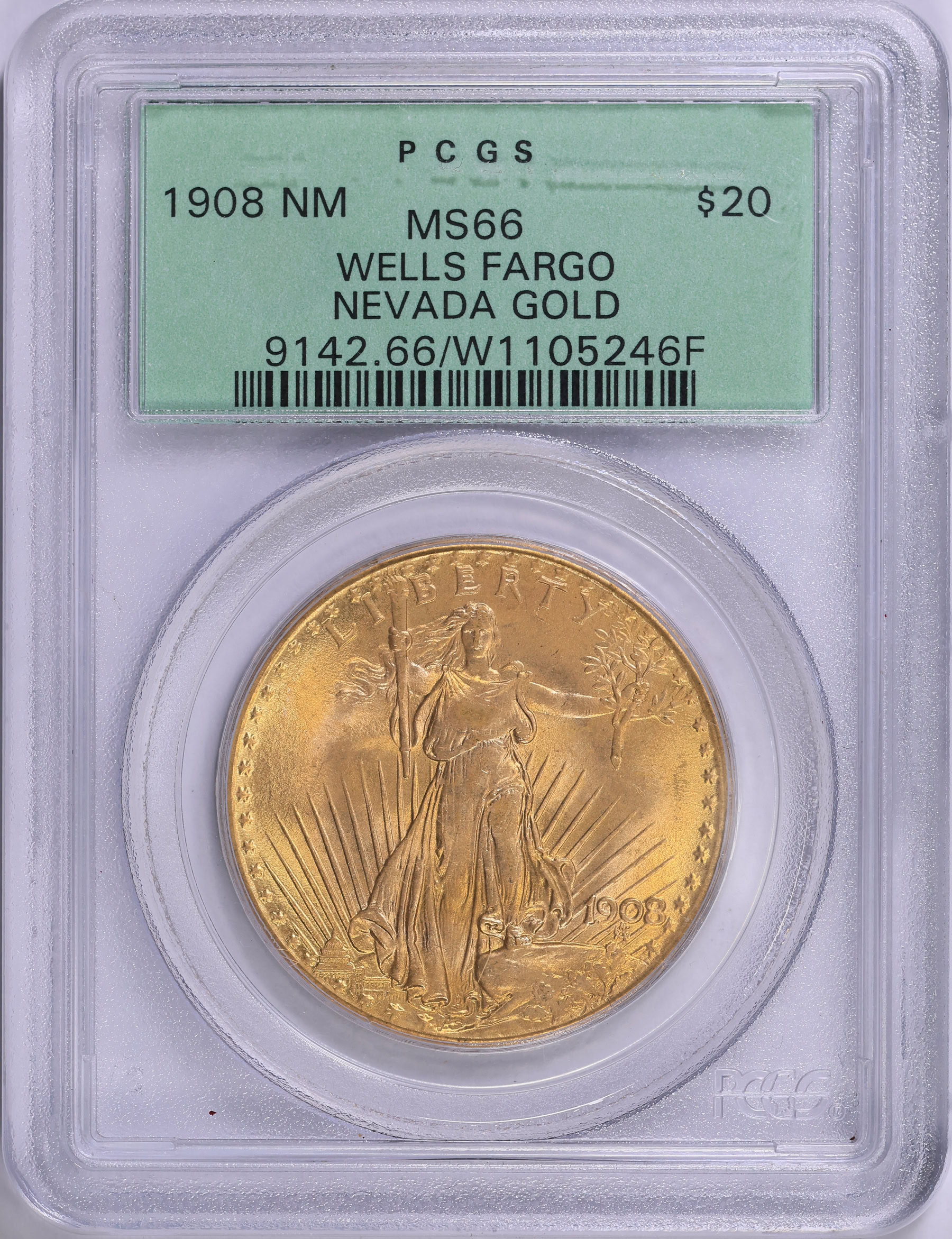 1908 Saint-Gaudens Gold Double Eagle No Motto Wells Fargo Nevada PCGS ...