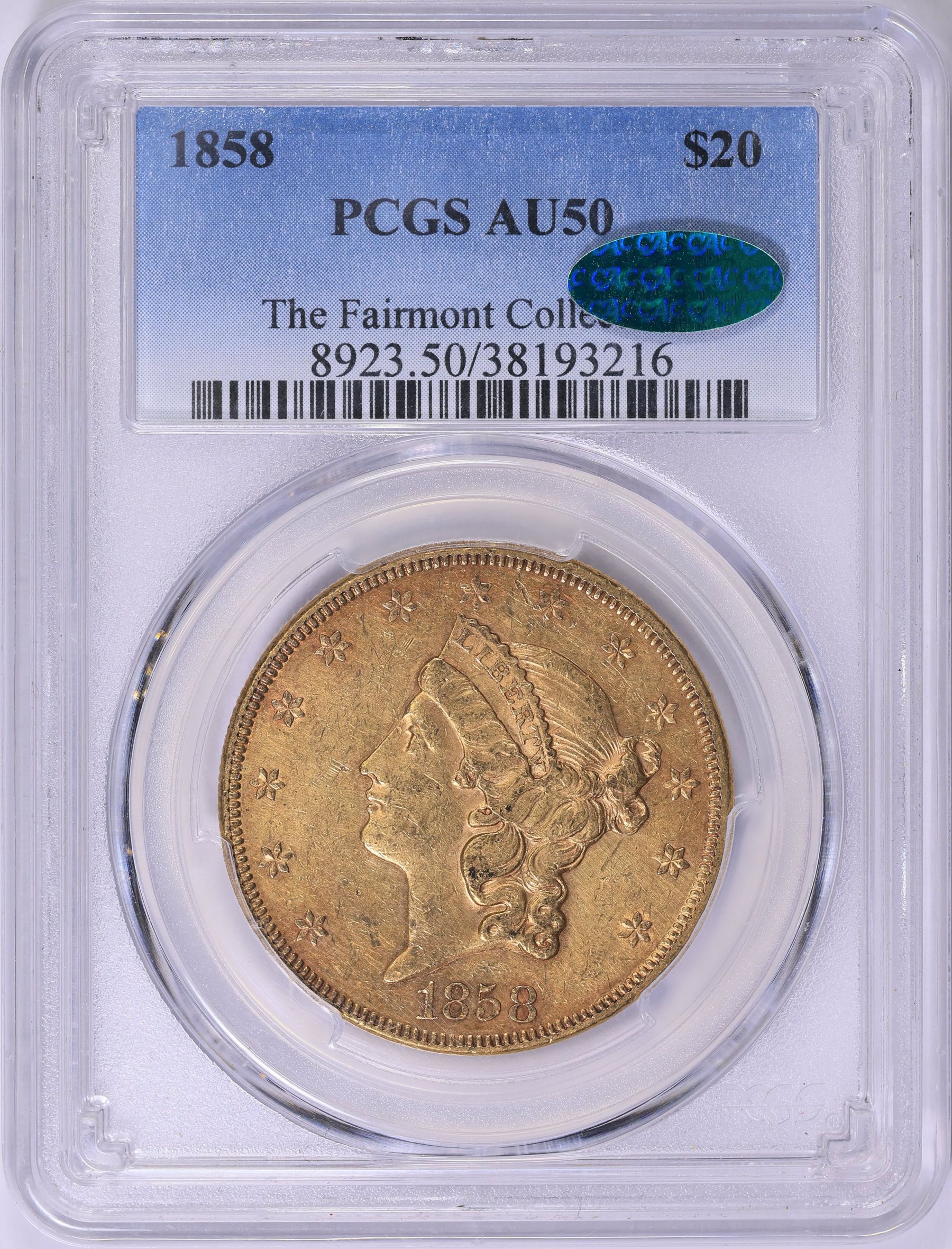 1858 Liberty Gold Double Eagle PCGS AU-50 (CAC Green) (The Fairmont Collection) (Item 1789325 ...