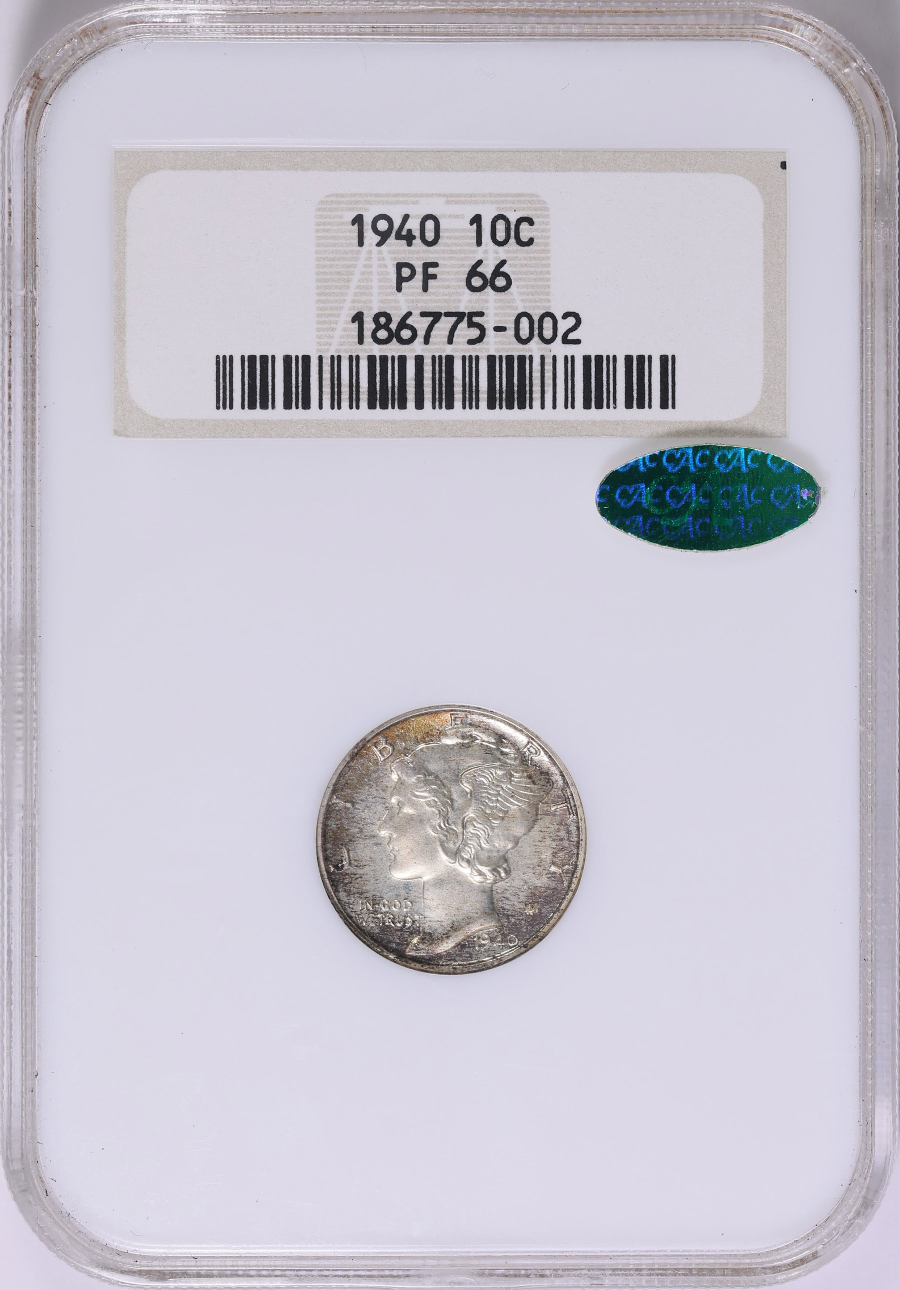1940 Mercury Dime NGC Proof-66 (CAC Green) OH (Toned) (Item 1789338) | GreatCollections Coin ...