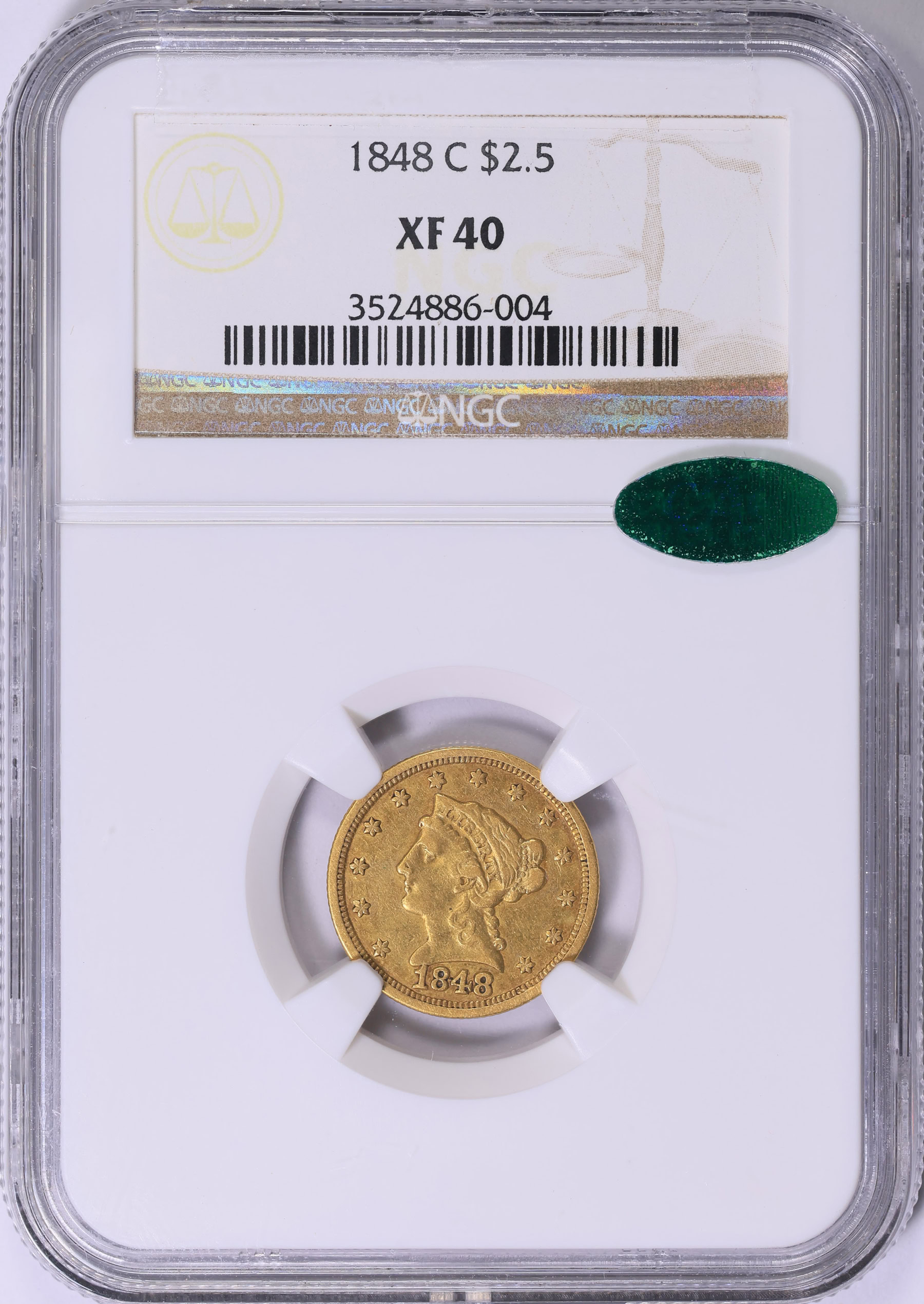 1848-C Liberty Gold Quarter Eagle NGC XF-40 (CAC Green) (Item 1789365) | GreatCollections Coin ...