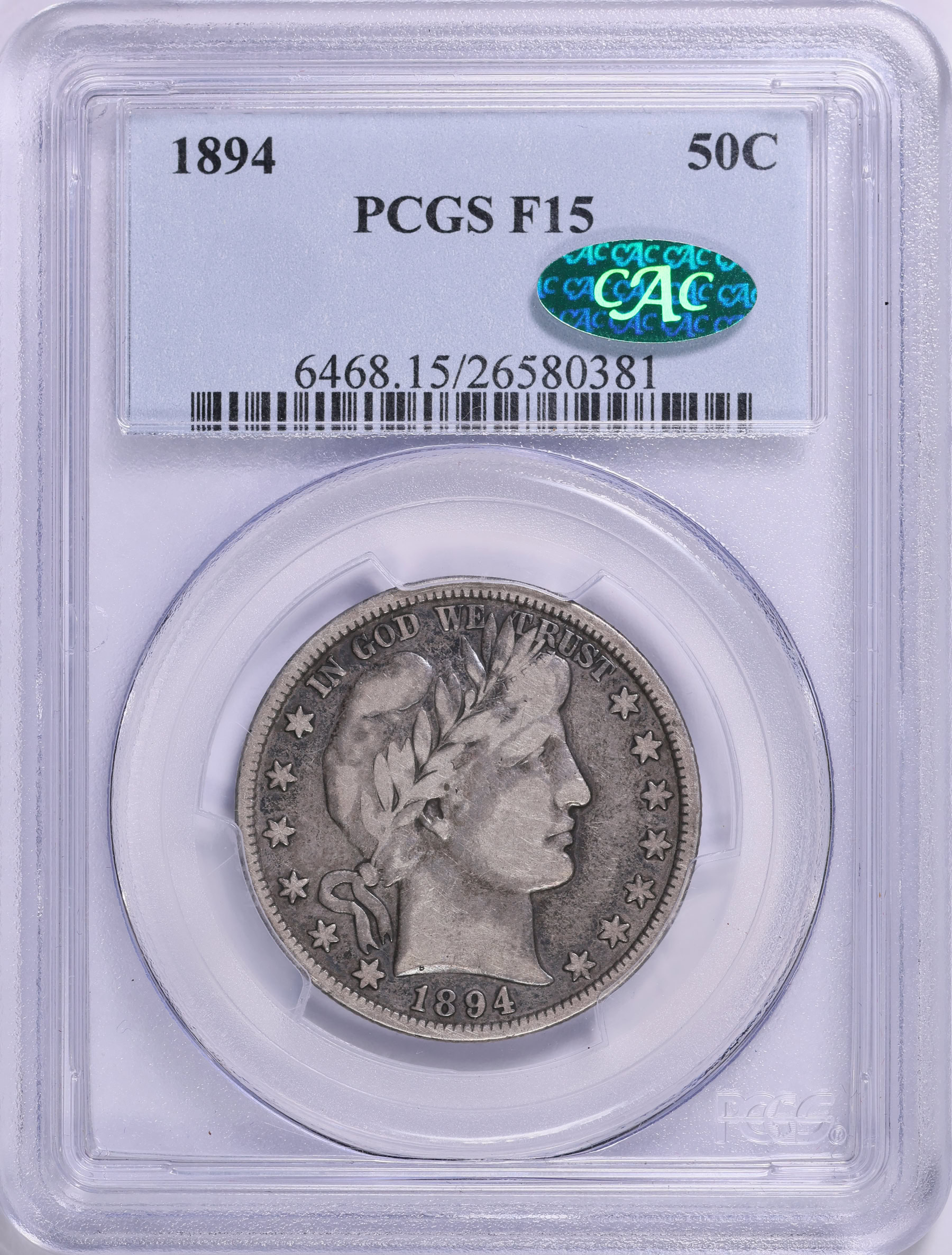 1894 Barber Half Dollar PCGS F-15 (CAC Green) (Item 1789366) | GreatCollections Coin Auctions