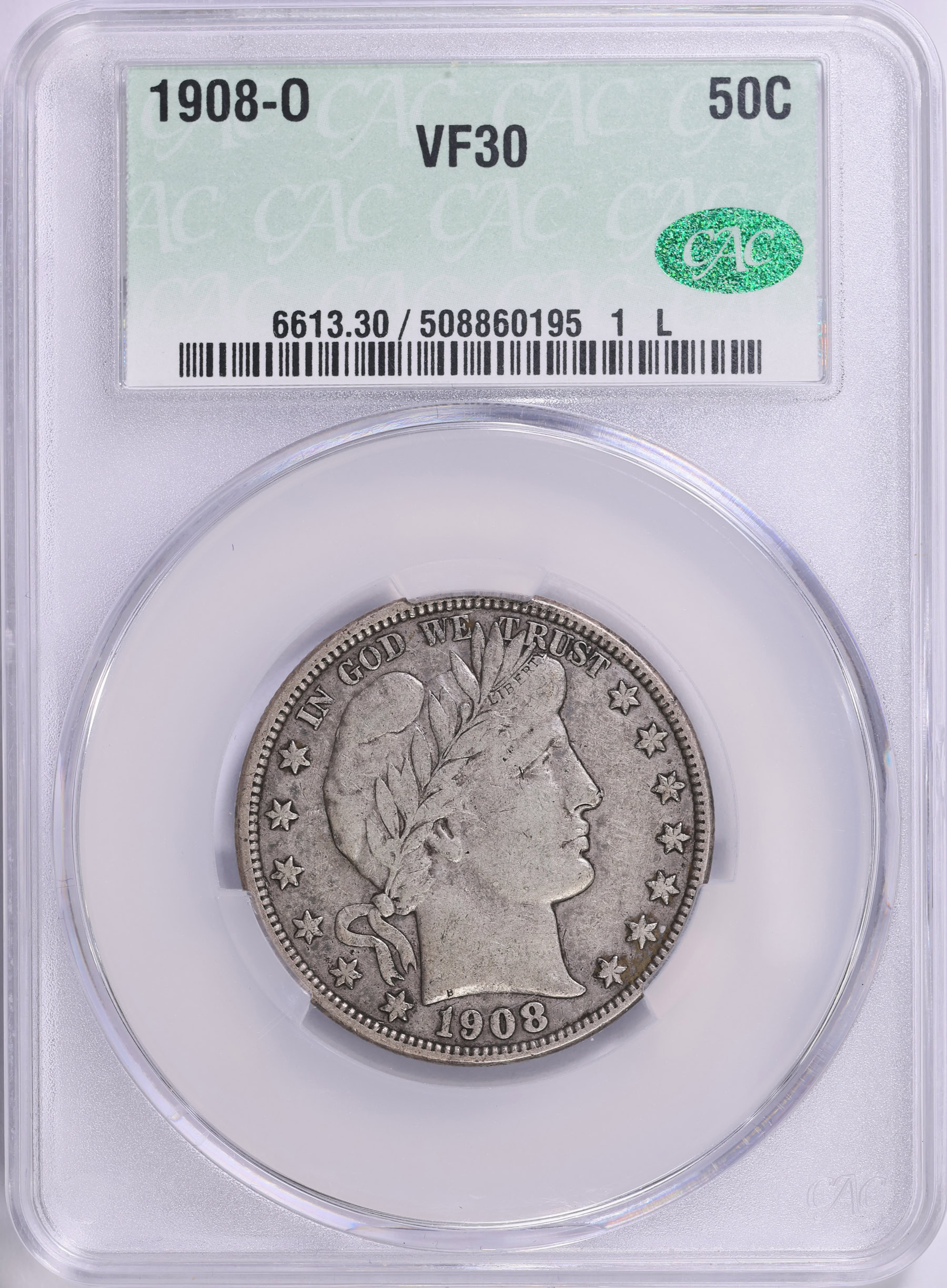 1908-O Barber Half Dollar CACG VF-30 (Item 1789367) | GreatCollections Coin Auctions