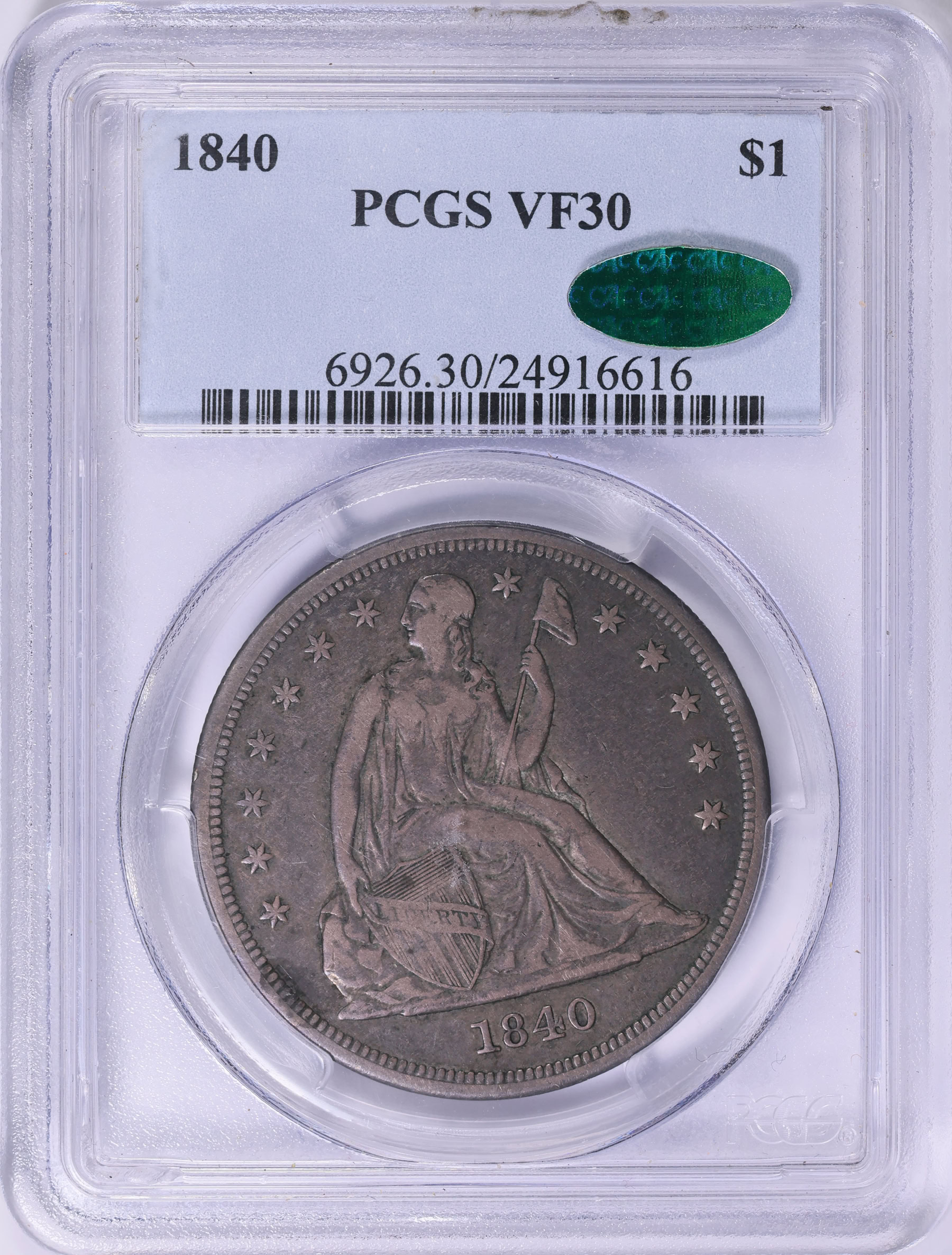 1840 Seated Liberty Silver Dollar PCGS VF-30 (CAC Green) (Item 1789371) | GreatCollections Coin ...