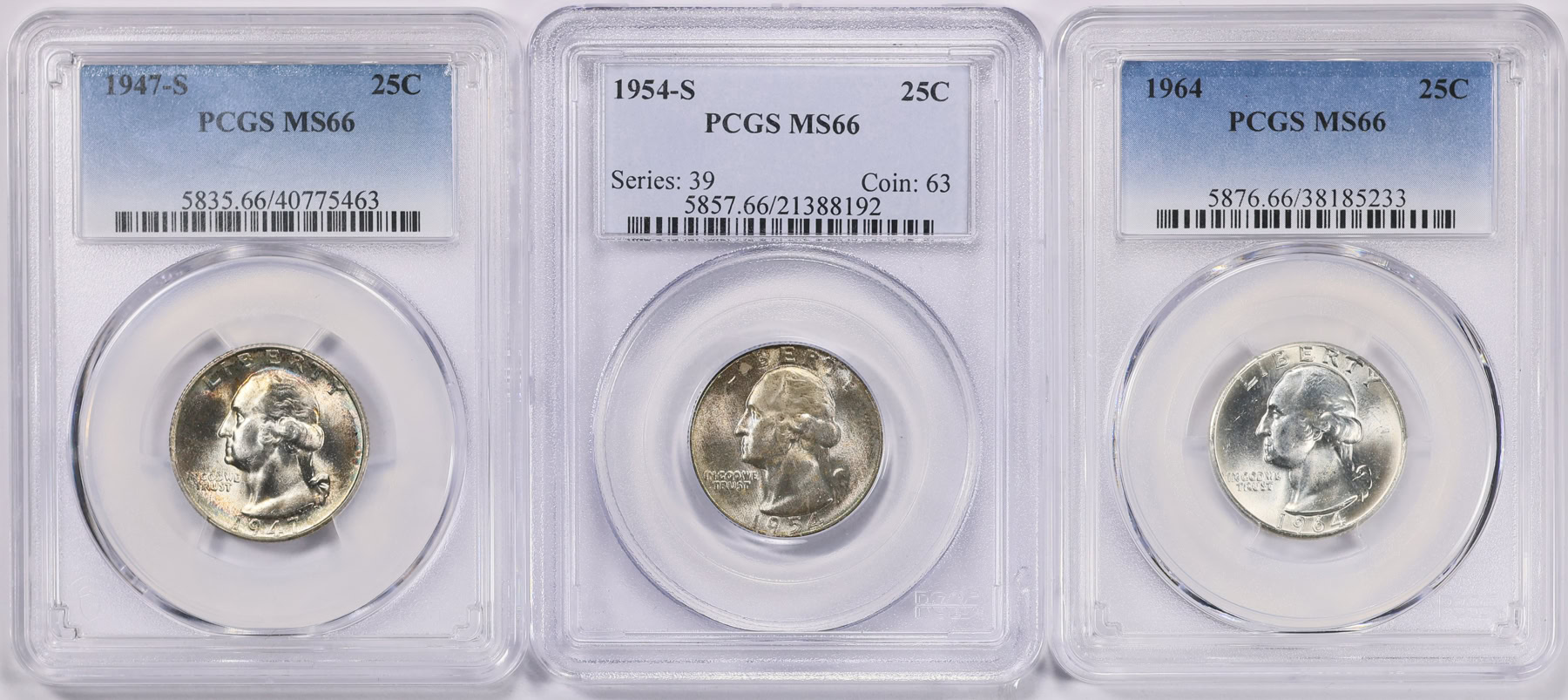 1947-S, 1954-S and 1964 Washington Quarter PCGS MS-66 (3 Coins) (Toned) (Item 1789401 ...