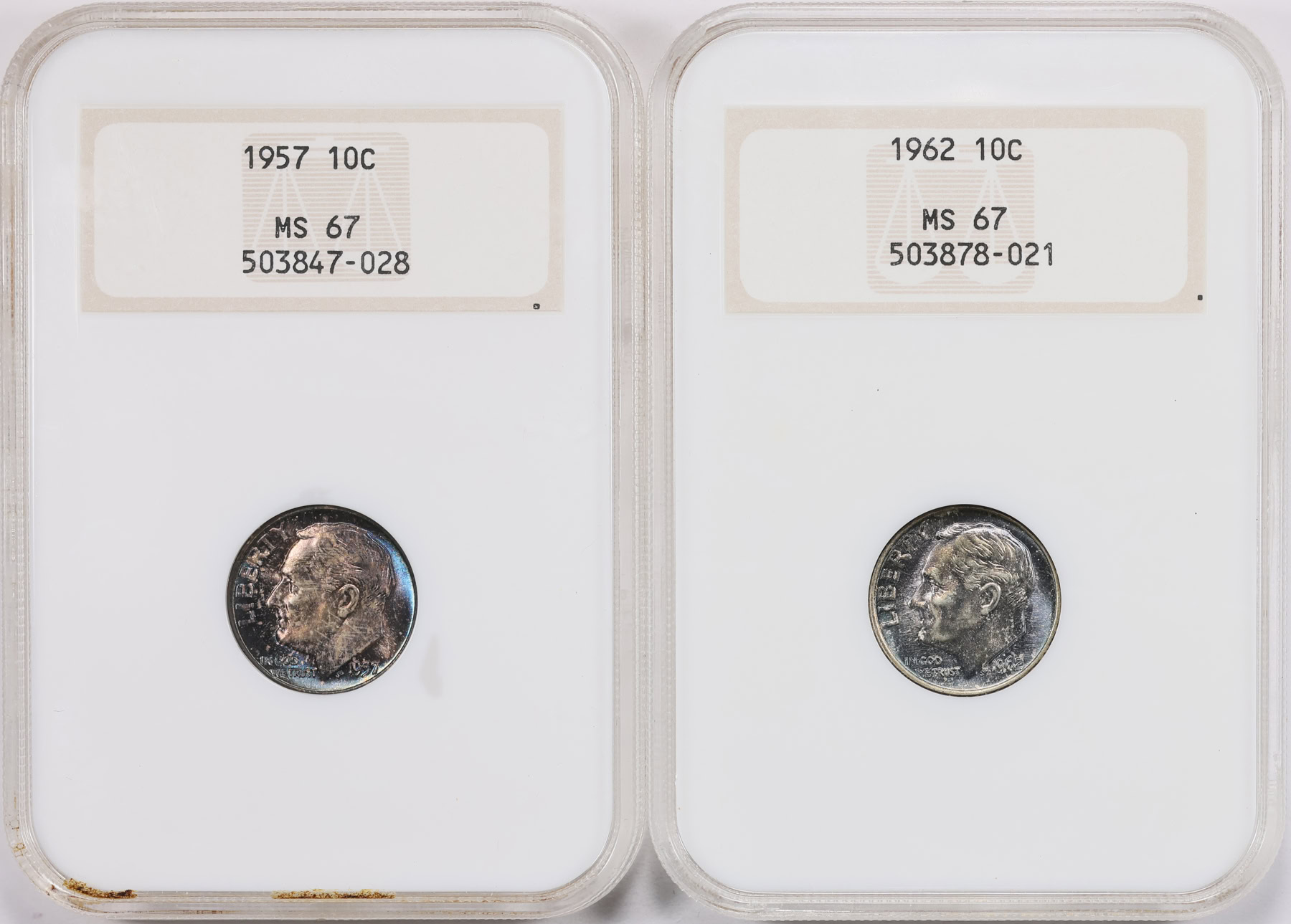 1957 and 1962 Roosevelt Dime NGC MS-67 OH (2 Coins) (Toned) (Item ...