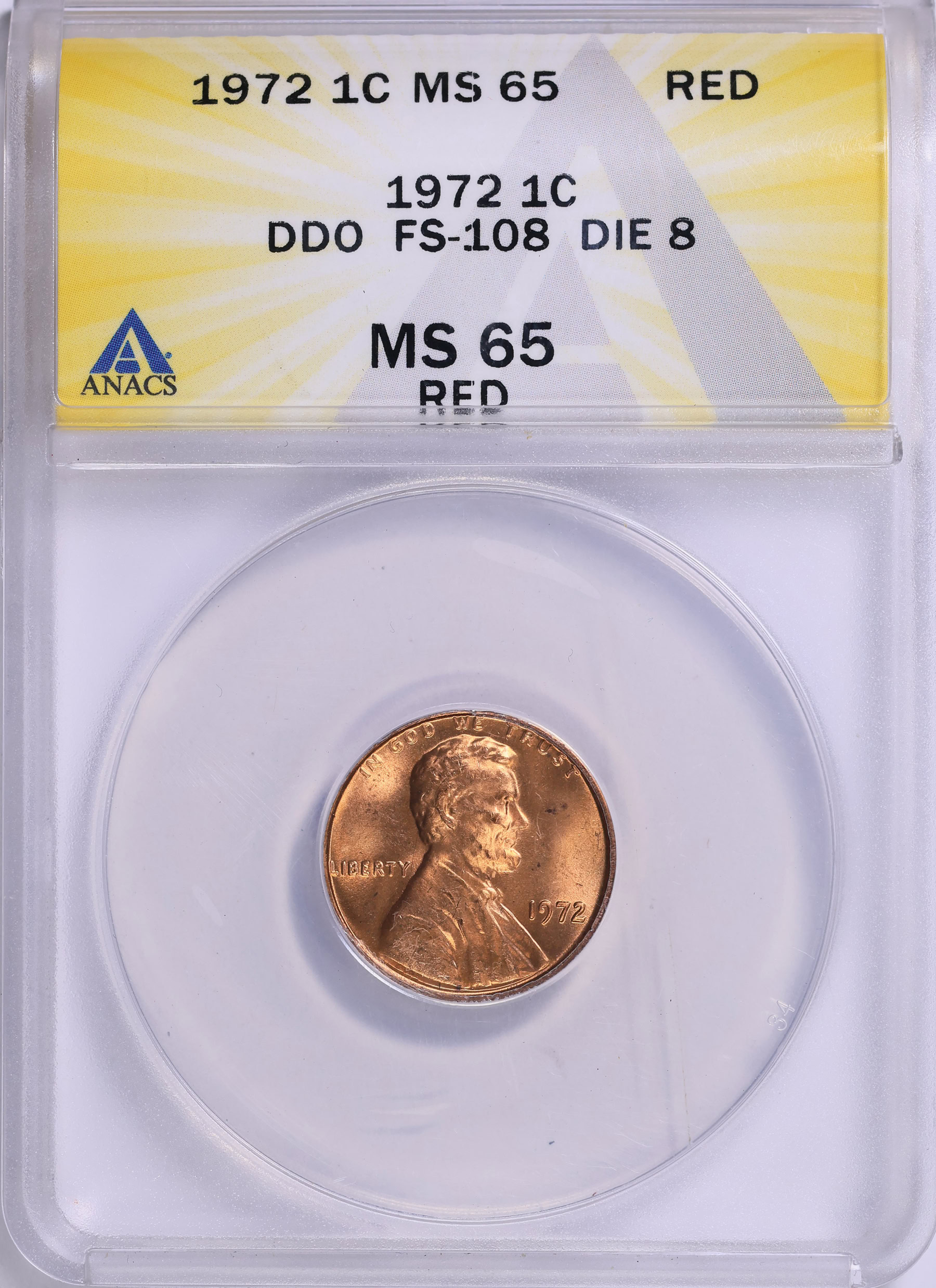 1972 Lincoln Cent Doubled Die Obverse FS-108 Die 8 ANACS MS-65 RD (Item 1789610 ...