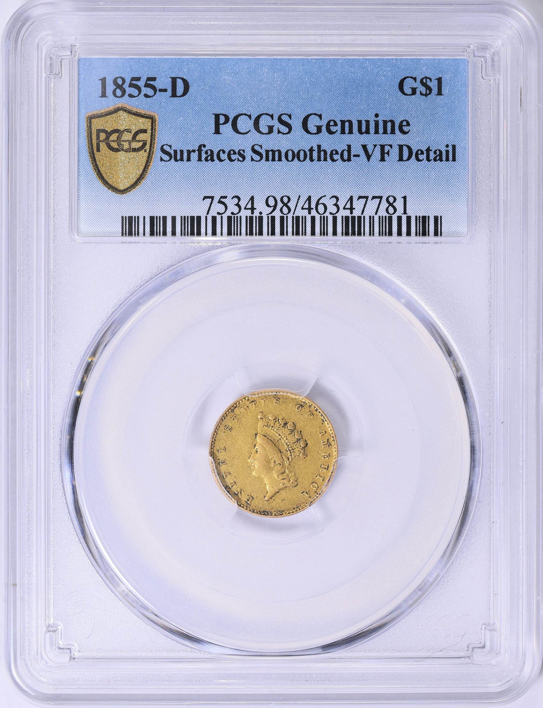 1855-D Indian Princess Gold Dollar PCGS Genuine VF Details (Item 1789657) | GreatCollections ...
