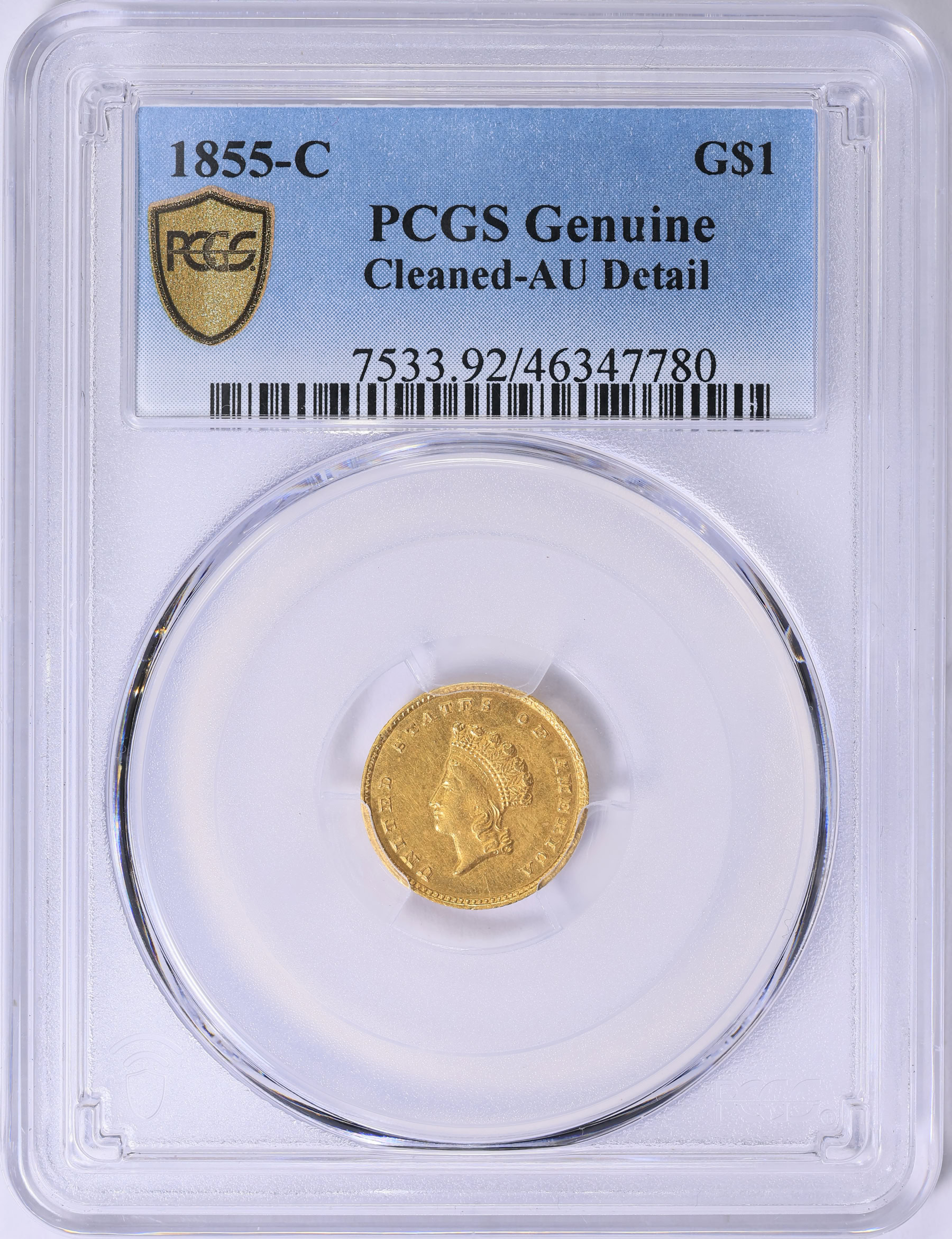 1855-C Indian Princess Gold Dollar PCGS Genuine AU Details (Item 1789659) | GreatCollections ...