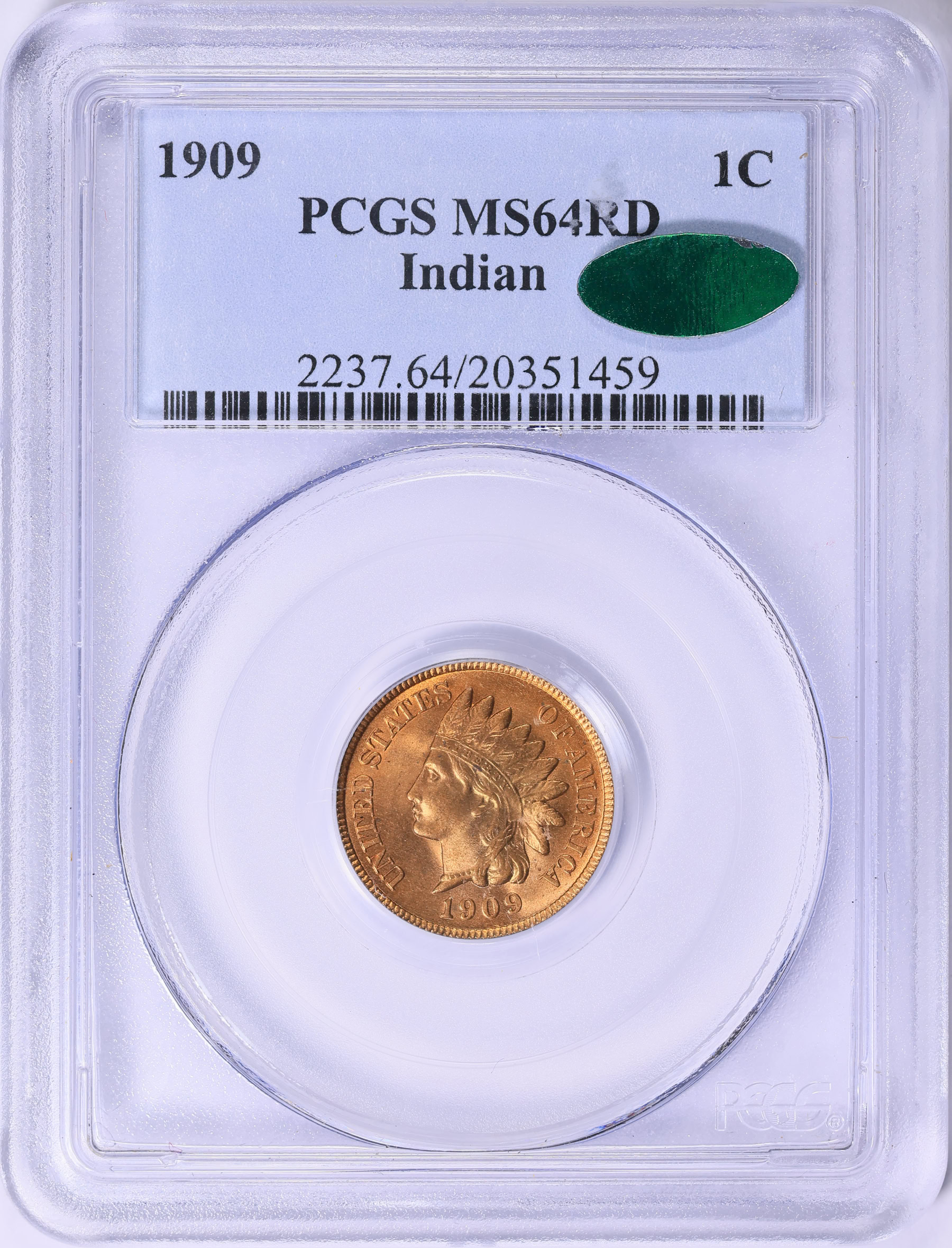 1909 Indian Cent PCGS MS-64 RD (CAC Green) (Item 1789730) | GreatCollections Coin Auctions