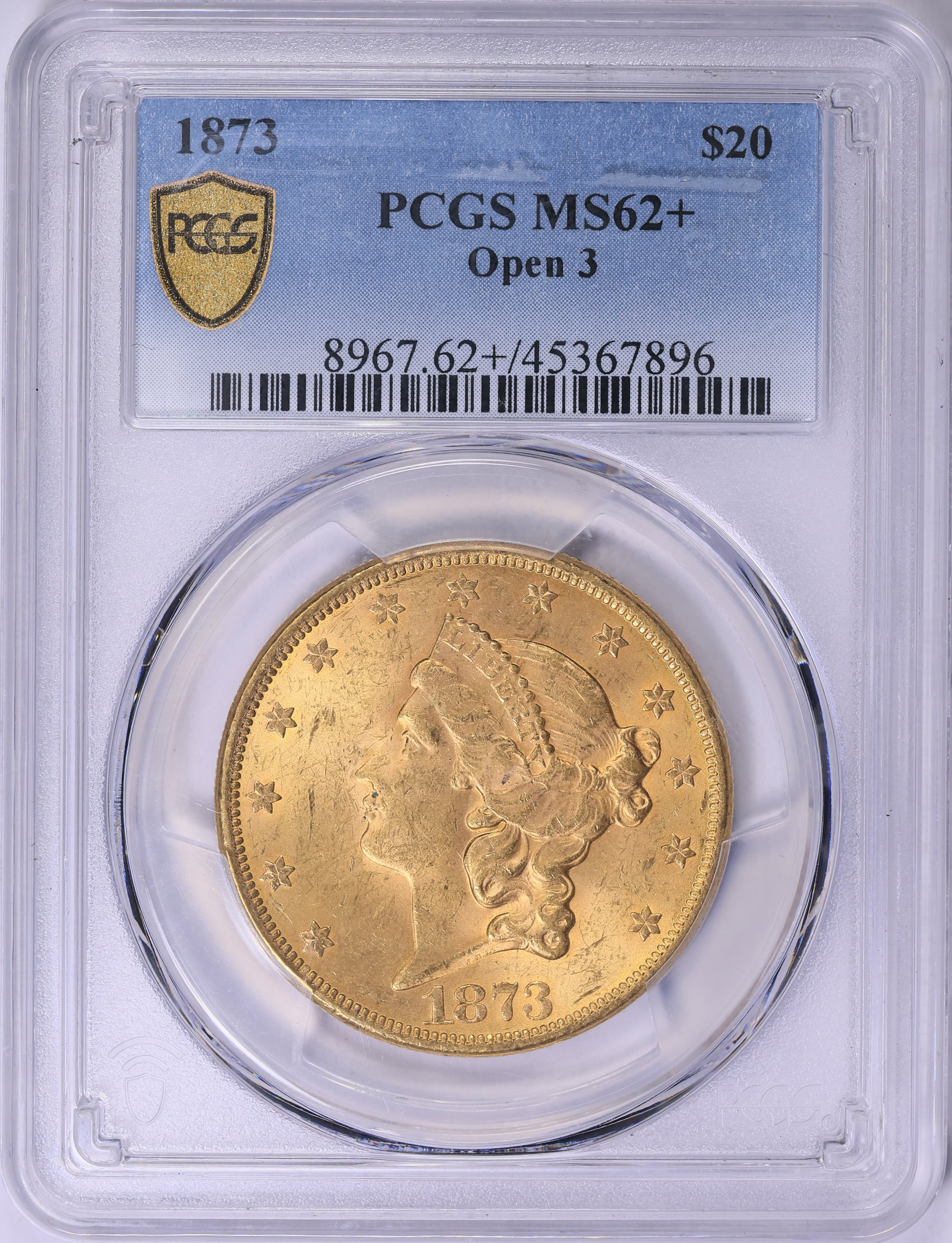 1873 Liberty Gold Double Eagle Open 3 PCGS MS-62+ (Item 1789759) | GreatCollections Coin Auctions